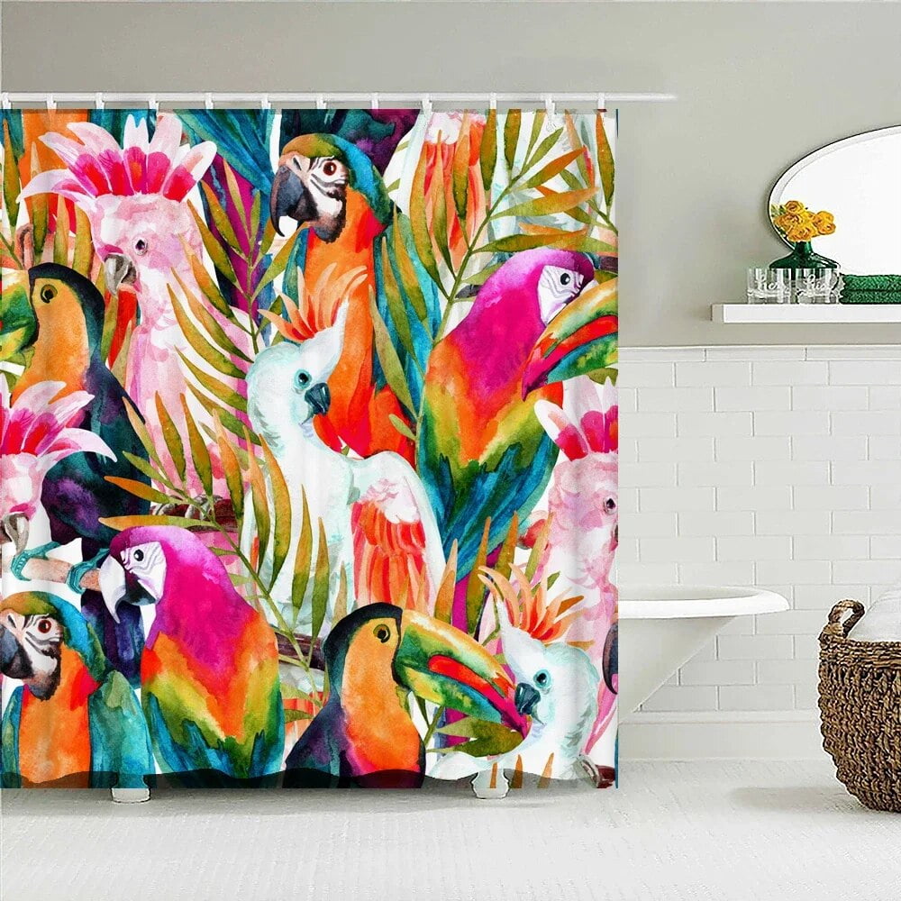3d Flower Birds Bathroom Curtains Tropical Plant Leaves Parrot