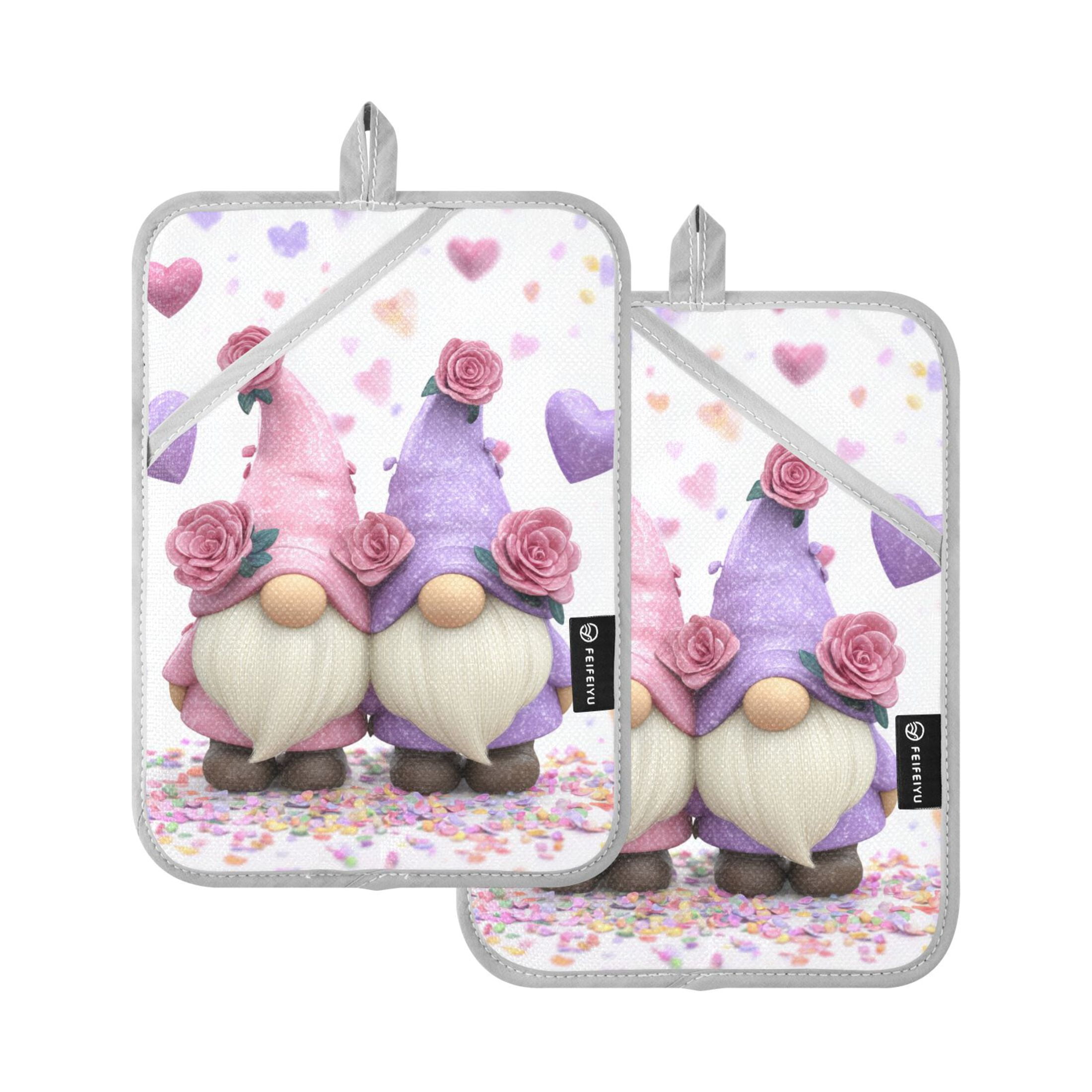 3d Gnome Couple with Hearts Roses Valentine Pot Holder Heat Resistant Mat Oven Hot Pads Pocket ...