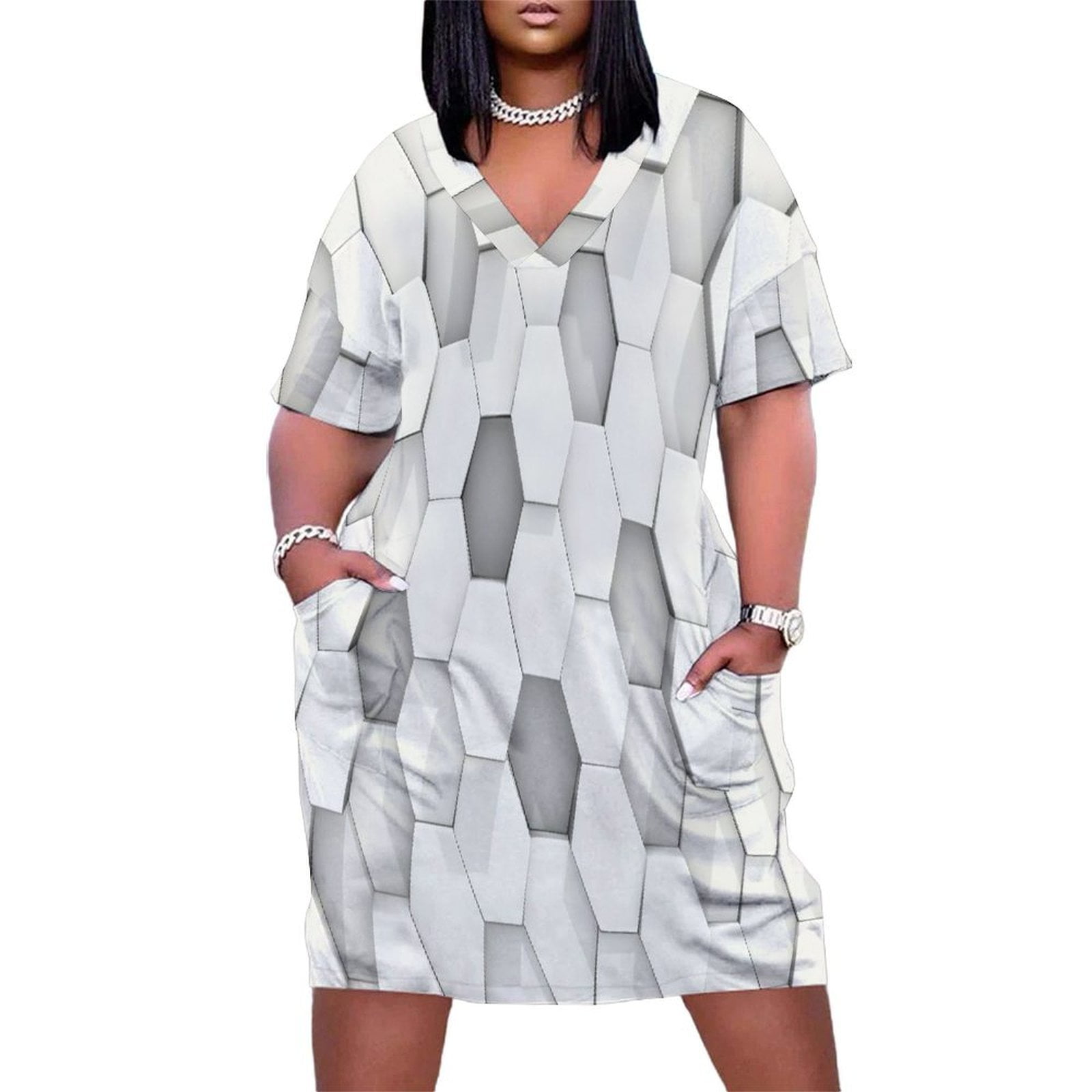 3d Hexagon Tile Brick Pattern Loose Pocket Dress Dresses Summer Summer ...