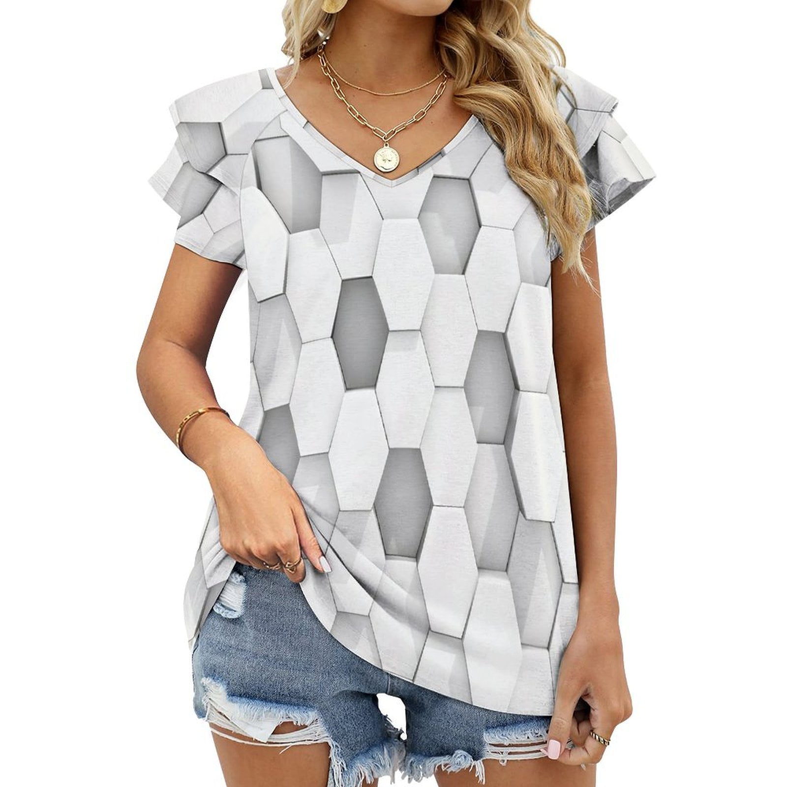 3d Hexagon Tile Brick Pattern Lotus Leaf Neck T-Shirt Long Sleeve Women ...