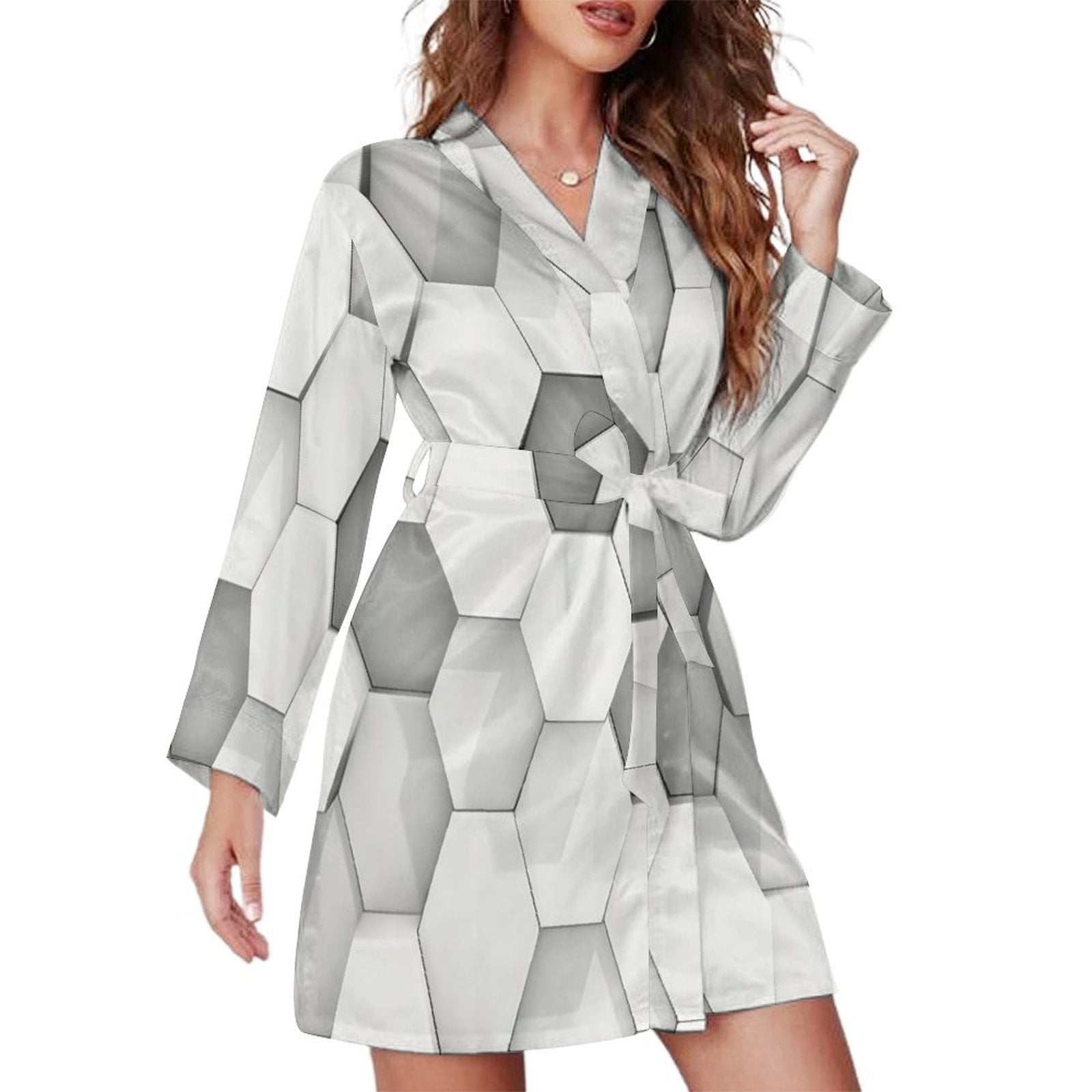 3d Hexagon Tile Brick Pattern Night Robe Long Sleeve V Neck Robe With ...
