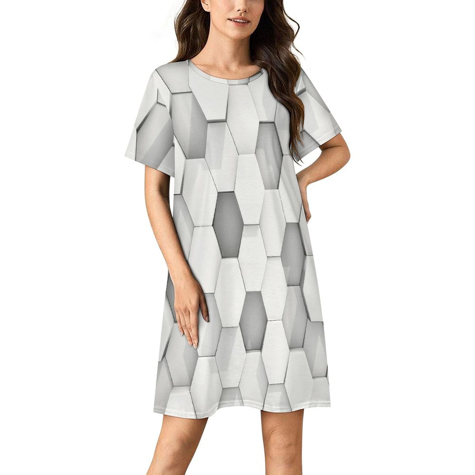 3d Hexagon Tile Brick Pattern Women Nightgown Sleepwear Short Sleeves For Vacations Travels ...