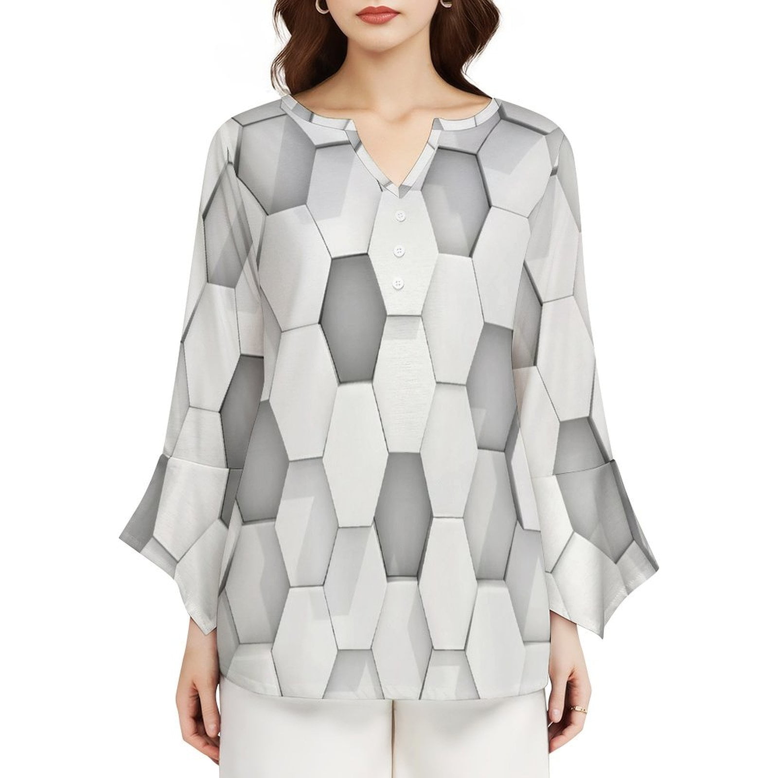 3d Hexagon Tile Brick Pattern Women's Long Sleeve Loose T-Shirts ...