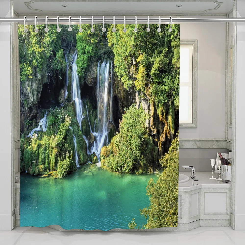 3d Ocean Landscape Shower Curtains Waterfall Forest Spring Scenery ...