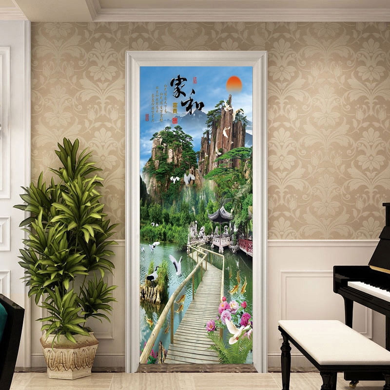 3d Oriental Door Sticker Landscape Painting Poster Vinyl PVC Waterproof ...