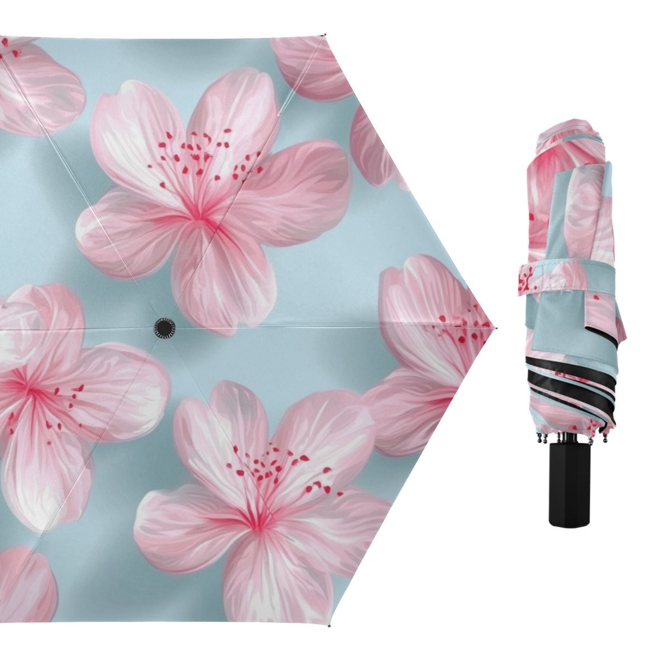 3d Pink Flowers All Weather Umbrella Triple Folding Parasol 6 Ribs UV ...