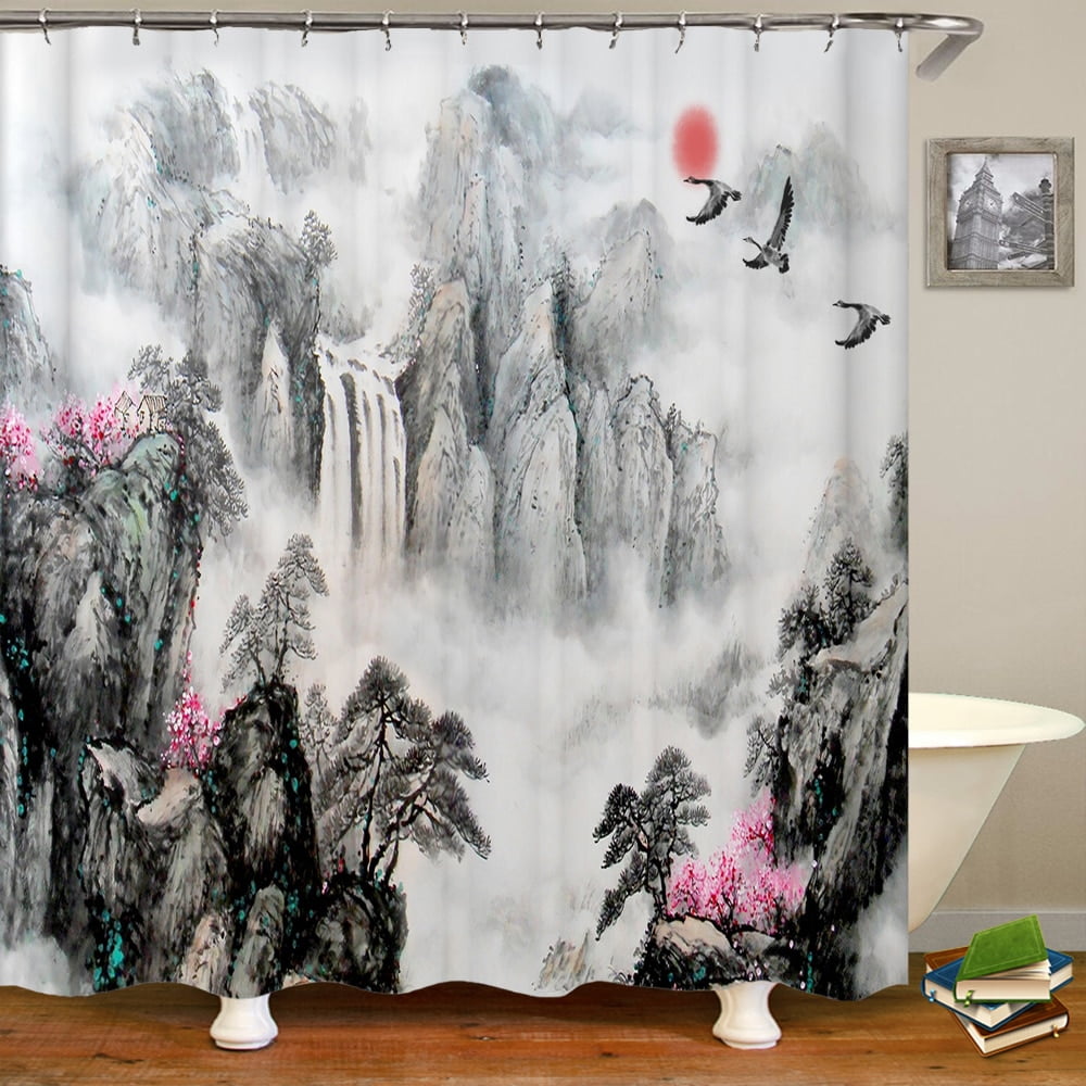 3d Print Chinese Style Waterfall Natural Scenery Shower Curtain With ...