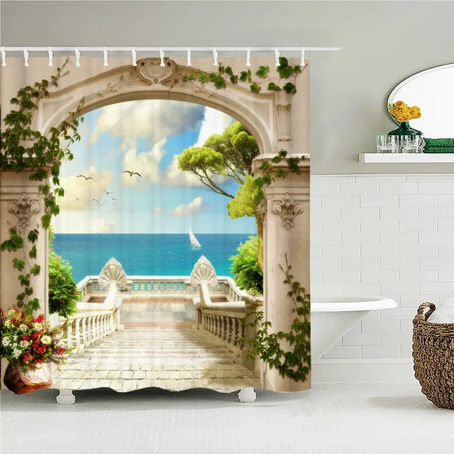3d Printed Greek Style Retro Roman Column Waterproof Bath Curtain