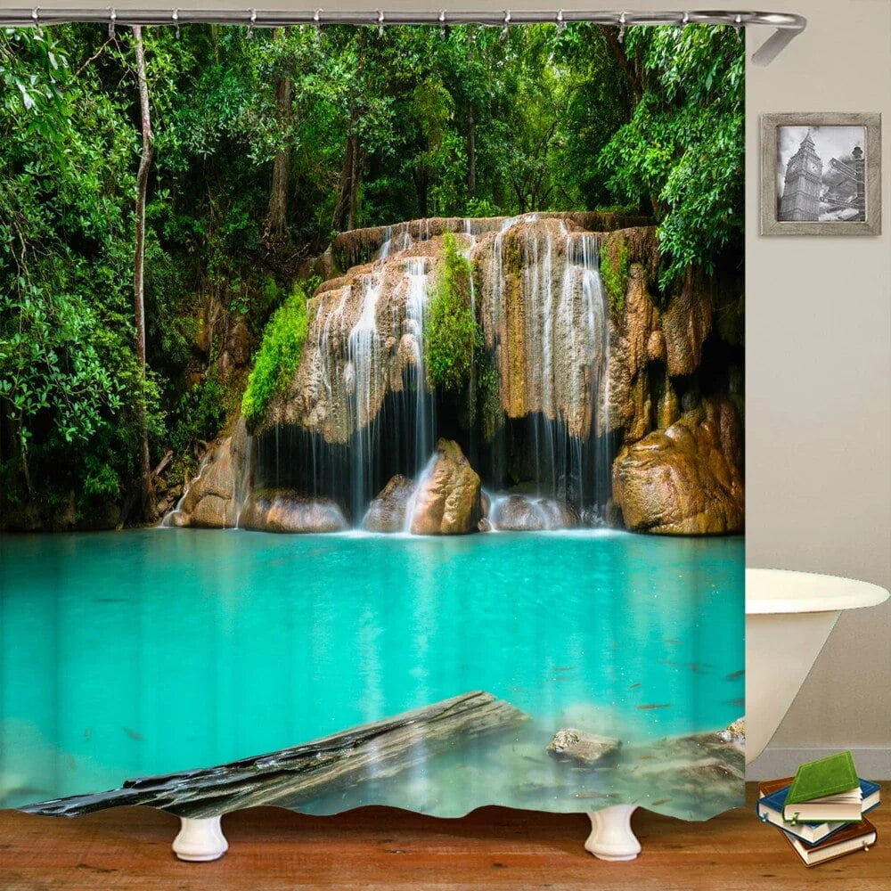 3d Printed Waterfall Forest Scenery Shower Curtain Polyester Fabric