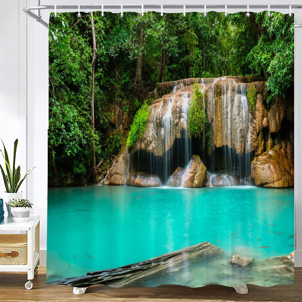 3d Printing Green Forest Waterfall Shower Curtains Waterproof Bathroom ...