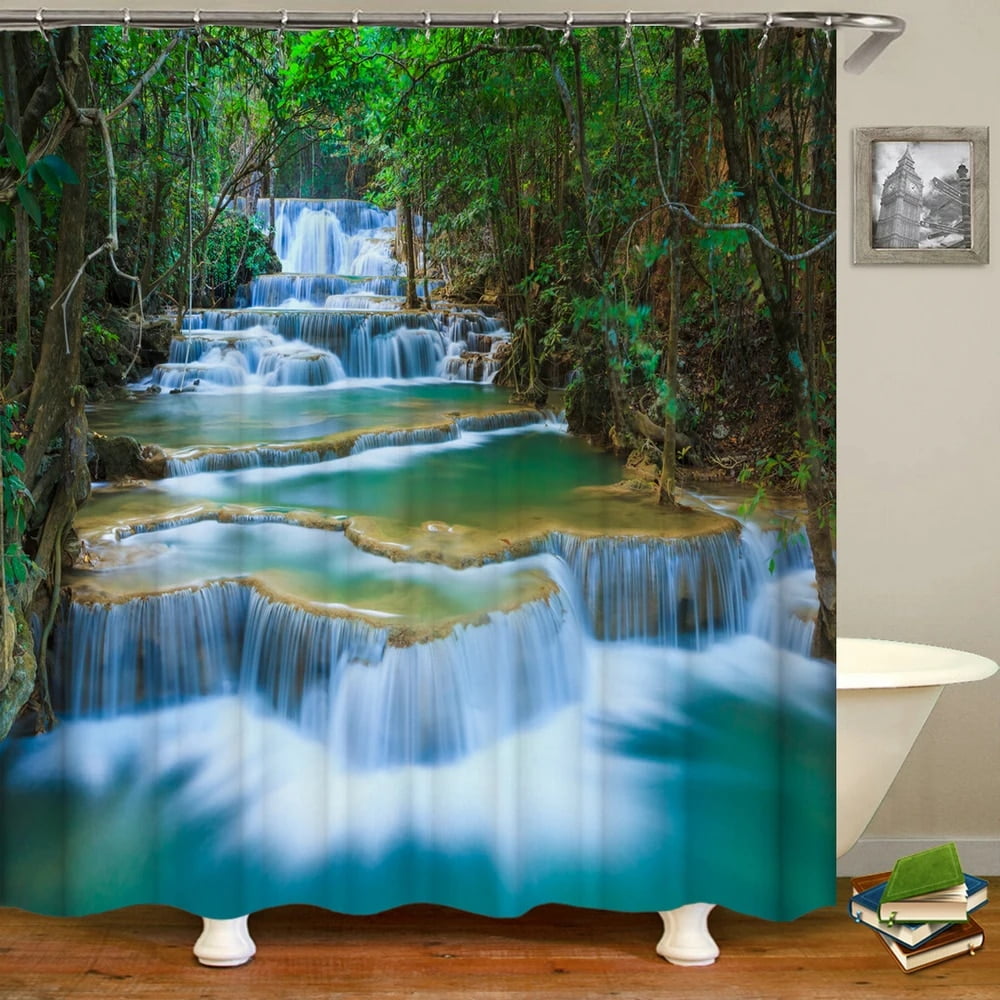 3d Printing Green Forest Waterfall Shower Curtains Waterproof Bathroom ...