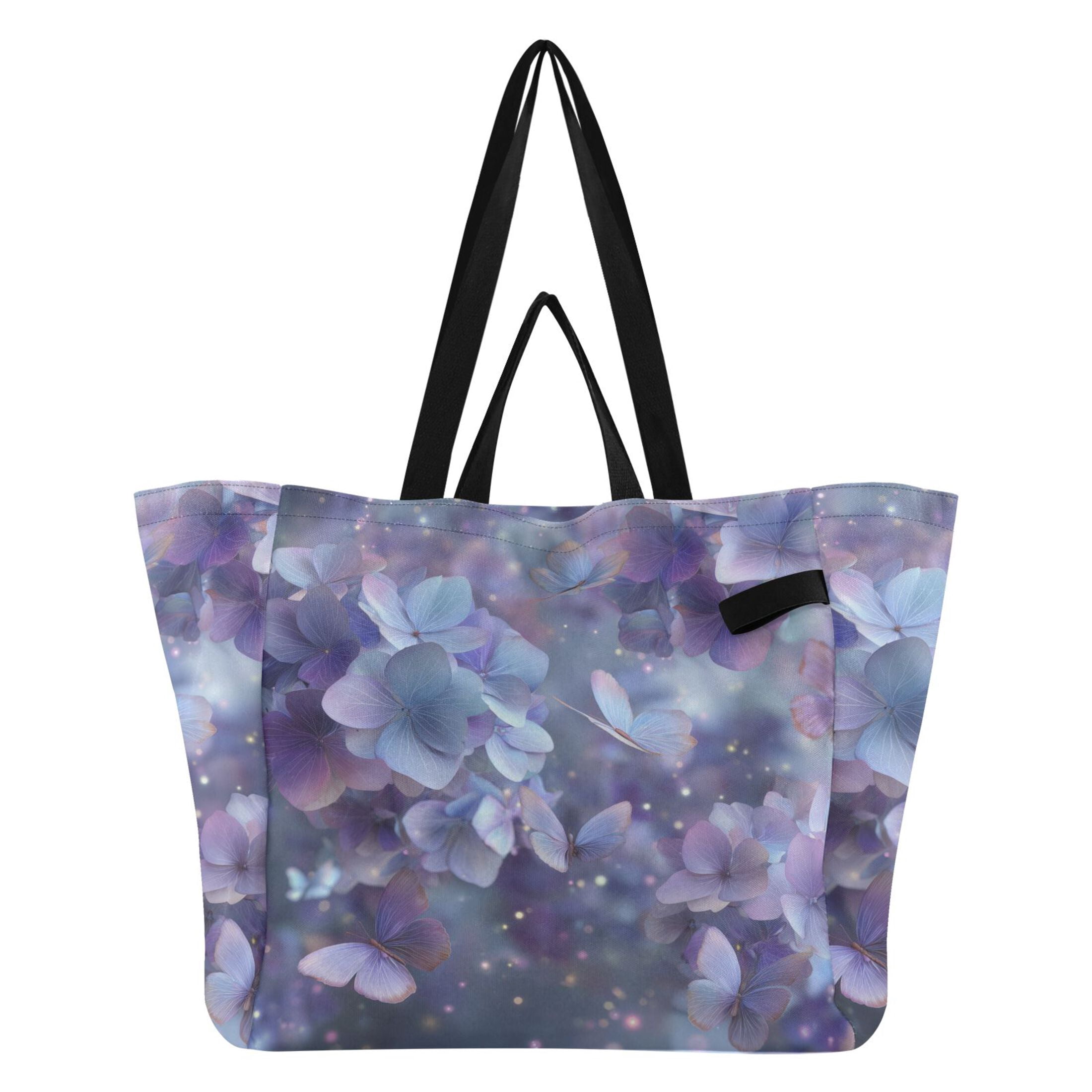 3d Purple Flowers with Butterflies Glitter Foldable Canvas Tote Bags ...