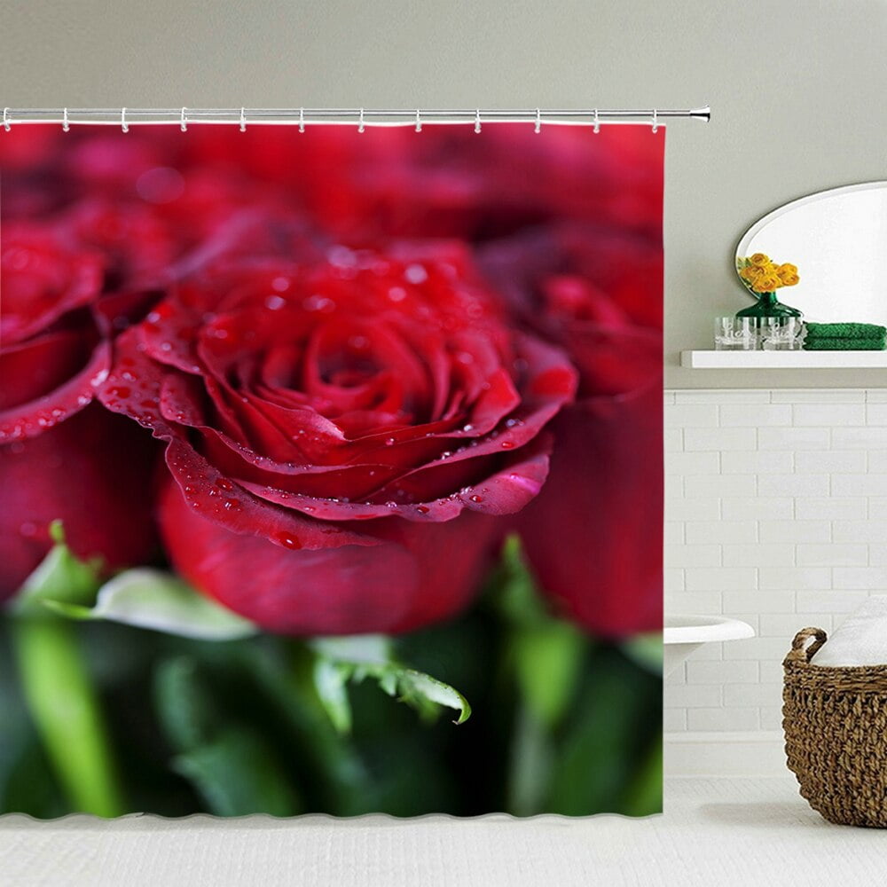 3d Red Rose Plants Flowers Bathroom Curtain Love Romance Bath Curtain ...