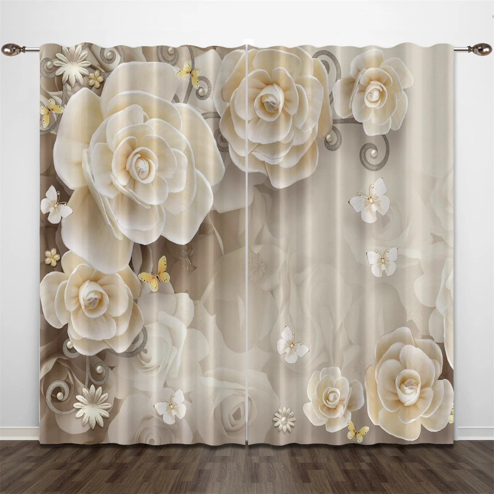 3d Wall Rose Flower Retor Luxury Light Filtering Drapes Flower Theme ...