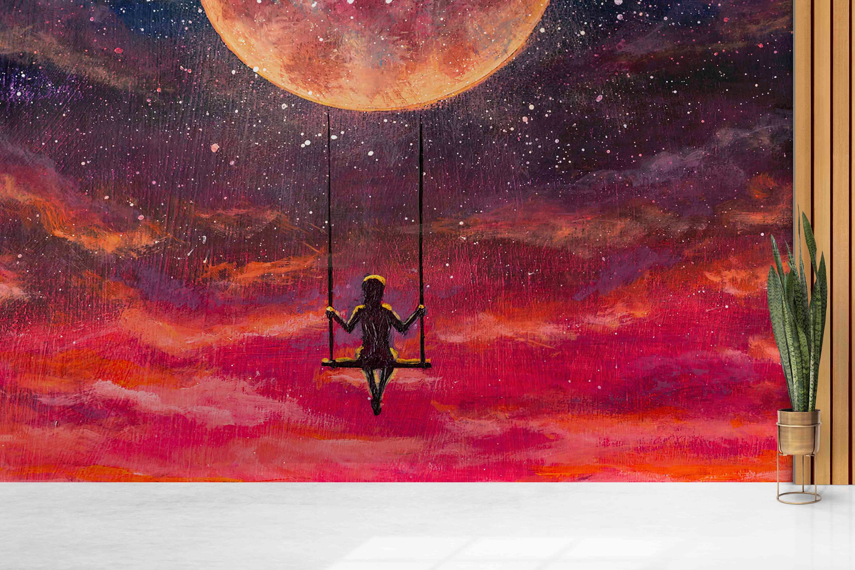 3d Wallpaper Modern Wallpaper Girl Swinging On A Swing On Full Moon