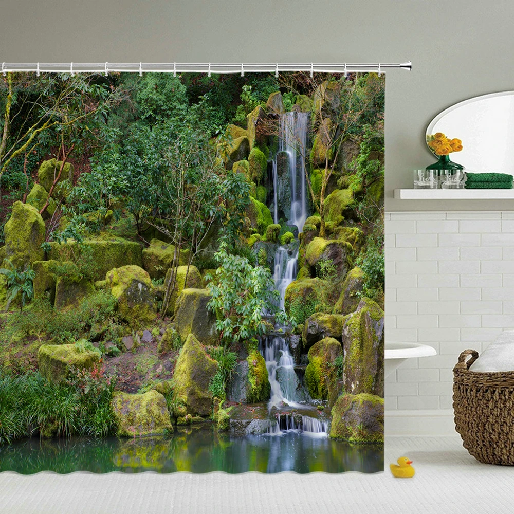3d Waterproof Shower Curtains Waterfall Forest Scenery Bathroom ...