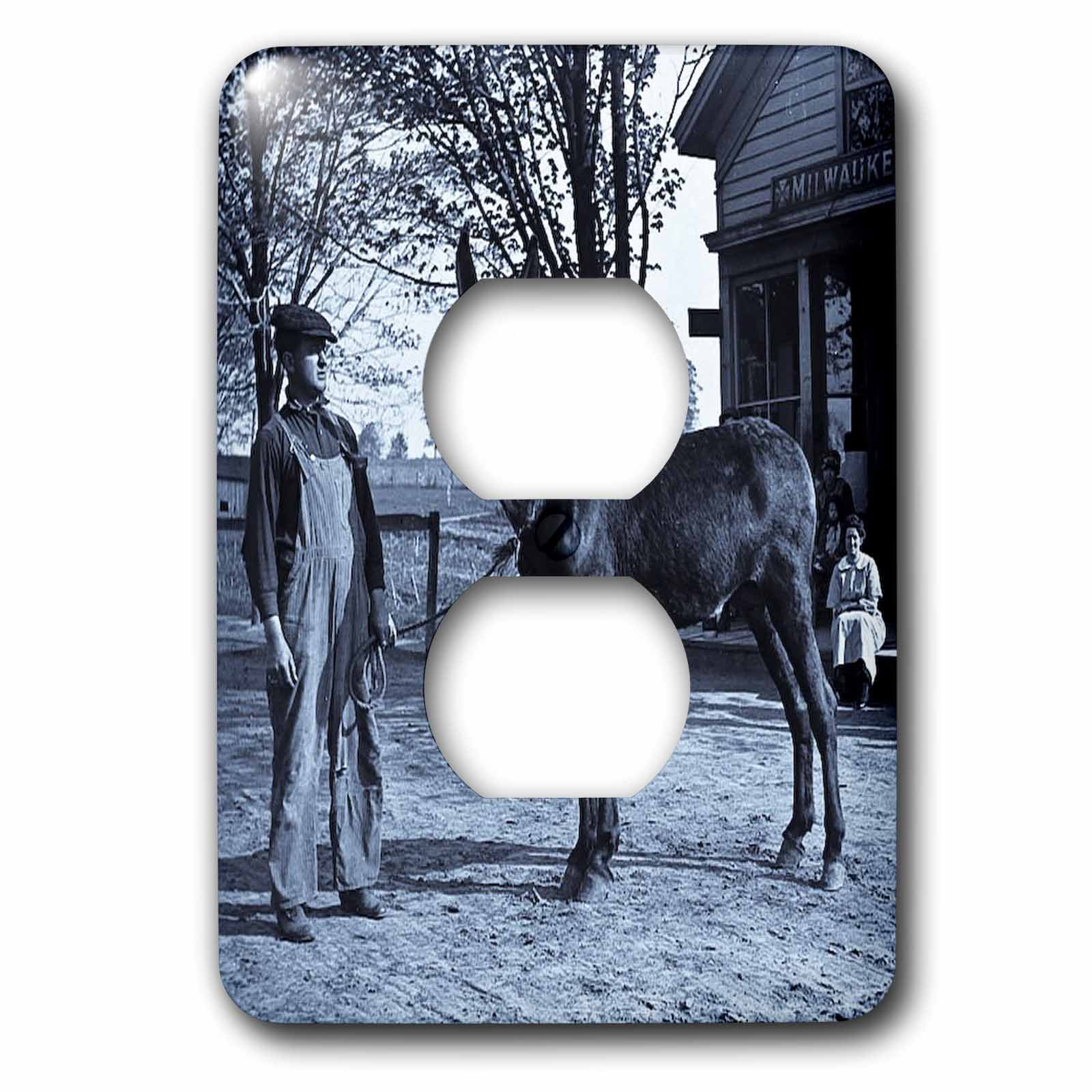 3dRose, 1901 Man and a Mule in Milwaukee Cyan, 2 plug outlet cover ...