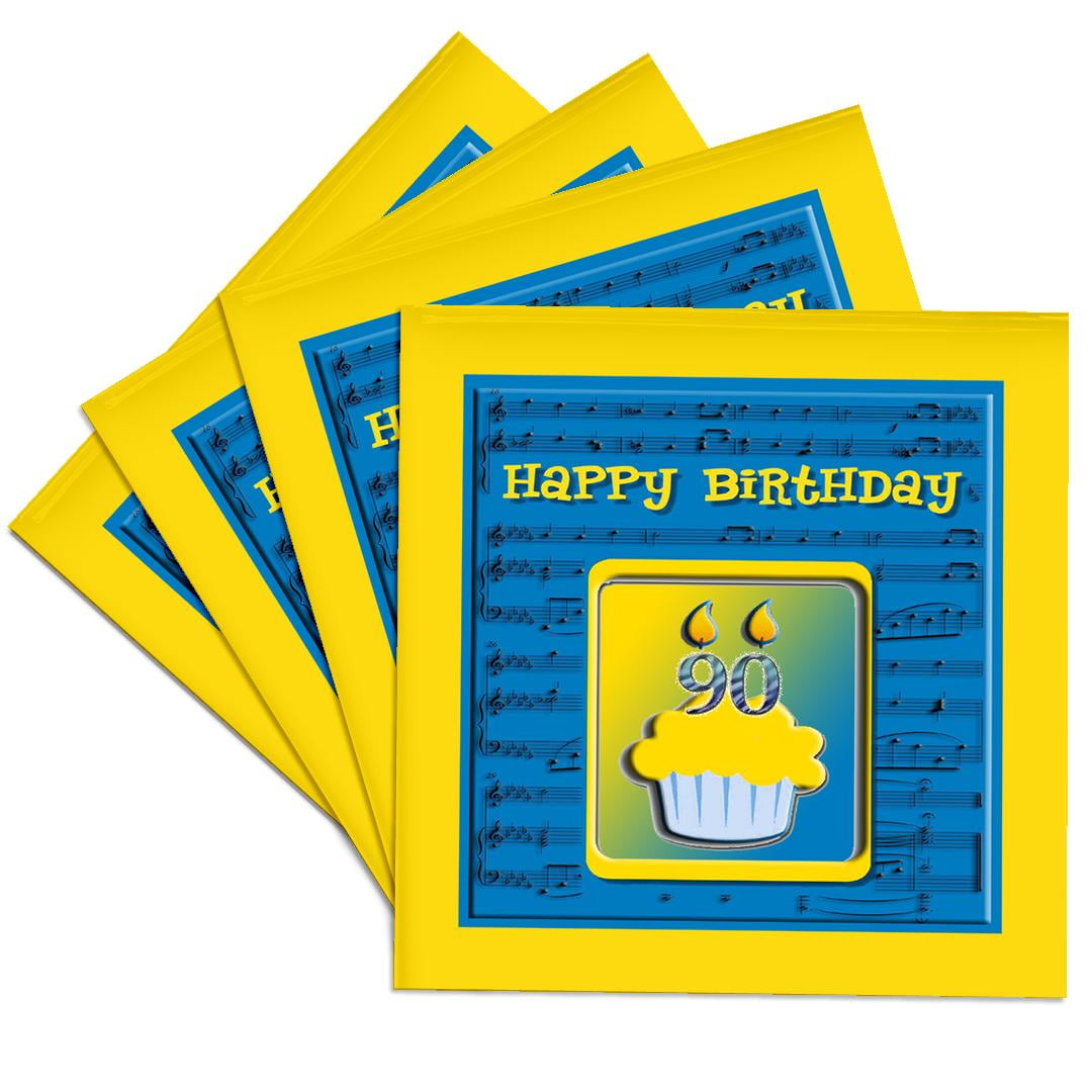 3dRose, 90th Birthday Cupcake on Music Notes, Blue and Yellow, Set of 4 ...