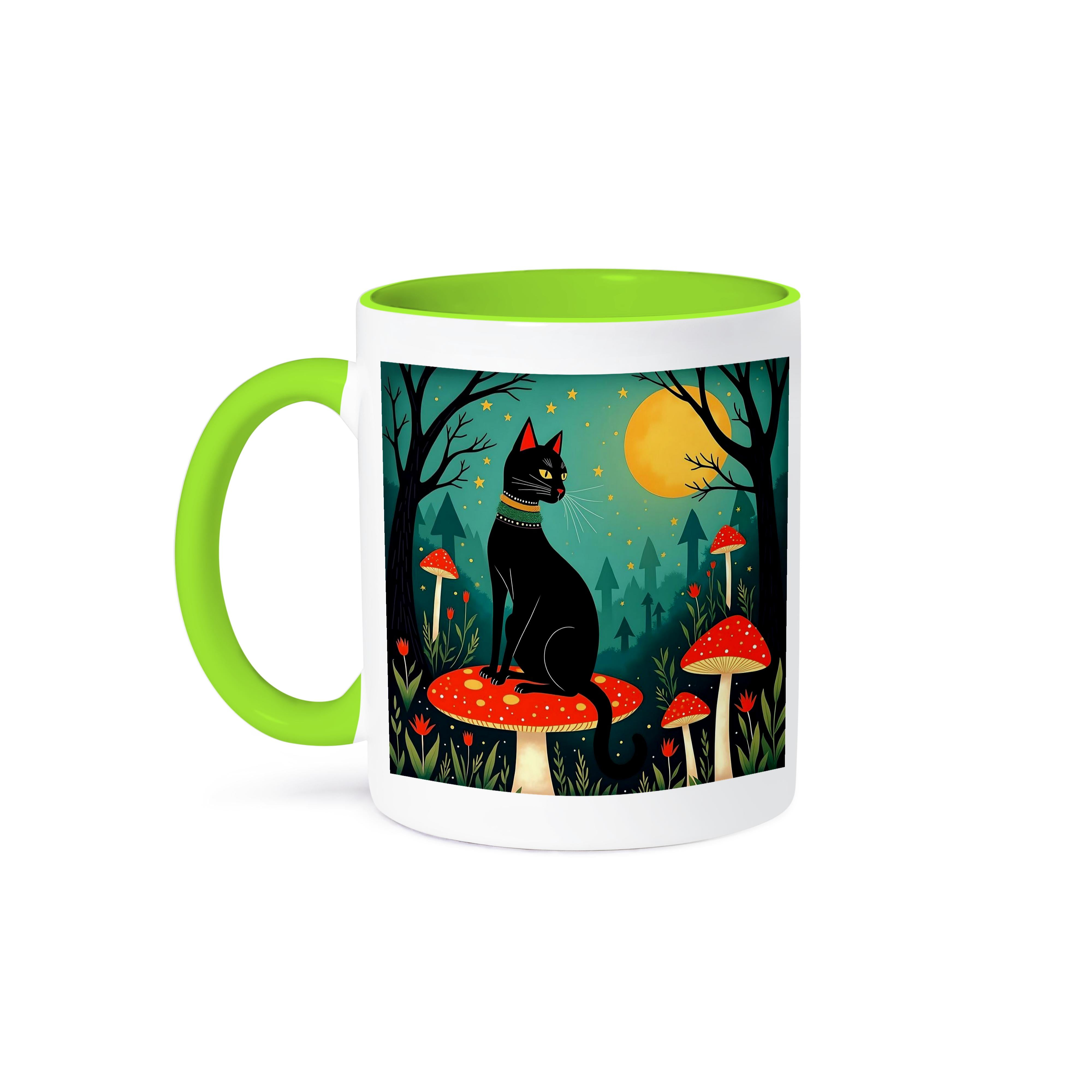 3dRose, A Familiar Black Cat And Toadstools Halloween Illustration 2, 15oz Two-Tone Green Mug ...