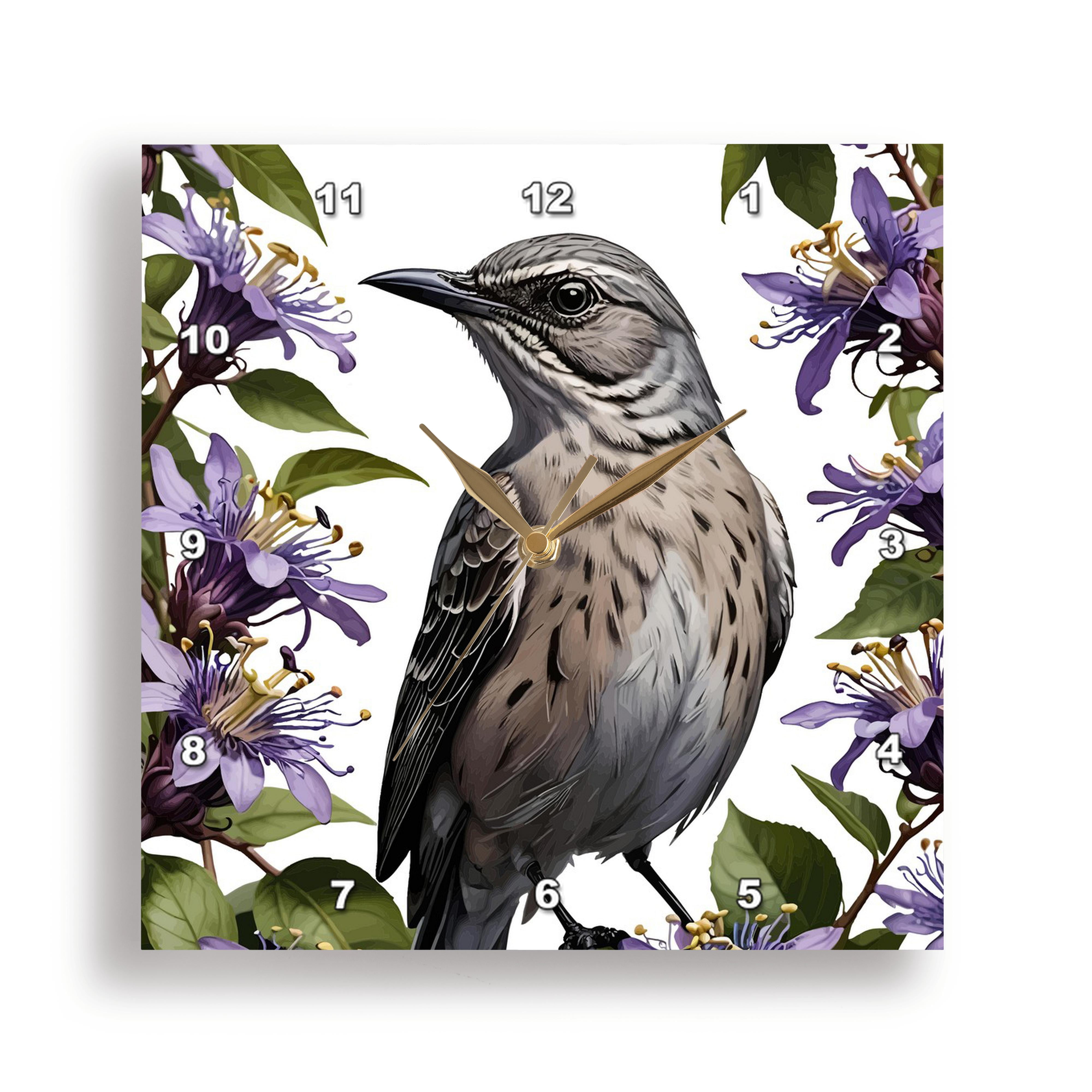 3dRose, A Mockingbird By Purple Passionflower Flowers, 13x13 Wall Clock ...
