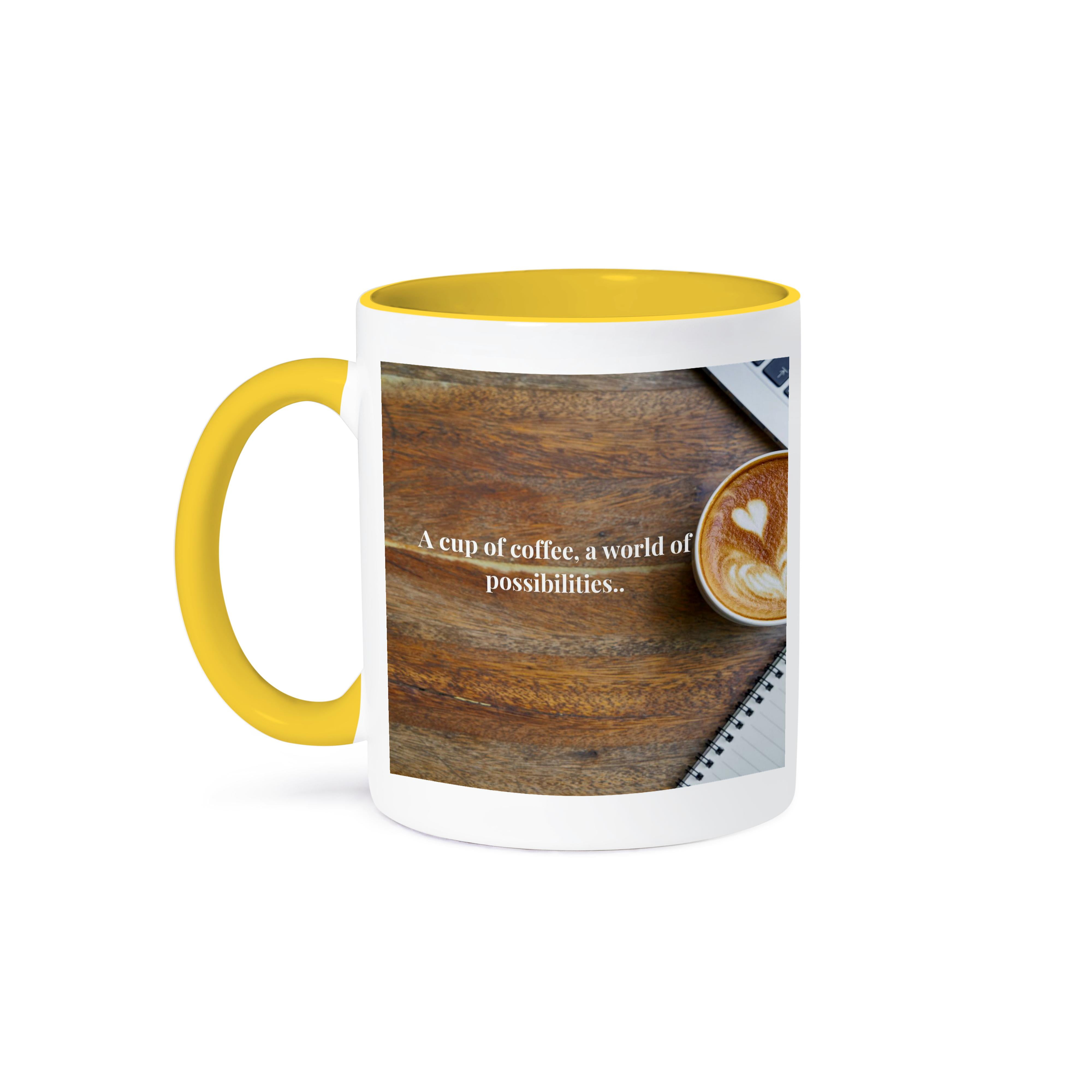 3dRose, A cup coffee a world of possibilities, 15oz Two-Tone Yellow Mug ...