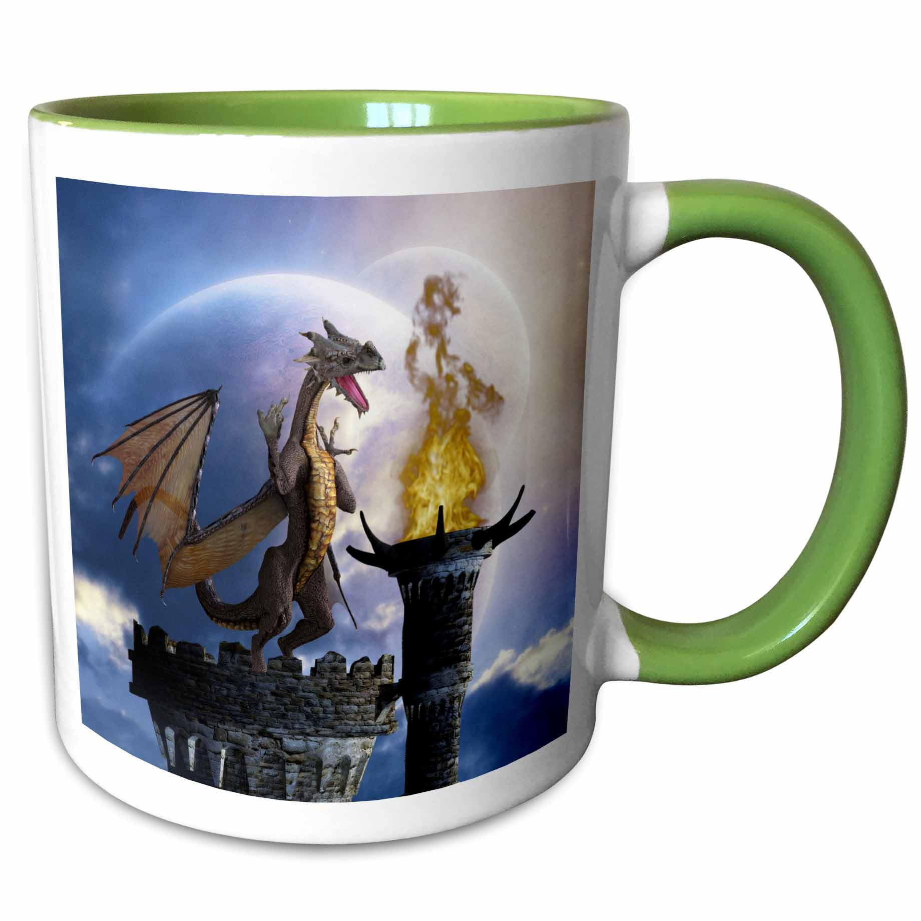 3drose, a Dragon Guard a Castle in the Night a Torch Fire Light Up the ...