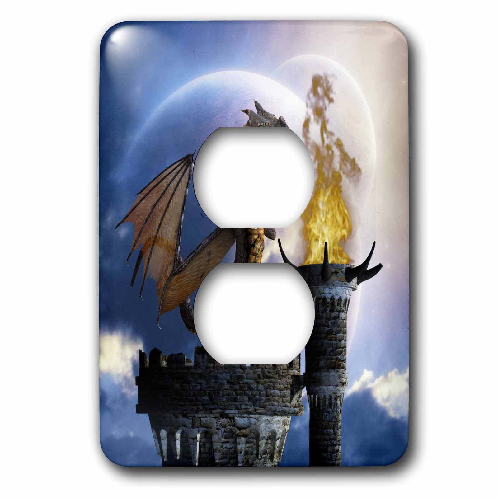 3dRose, A dragon guard a castle in the night a torch fire light up the ...