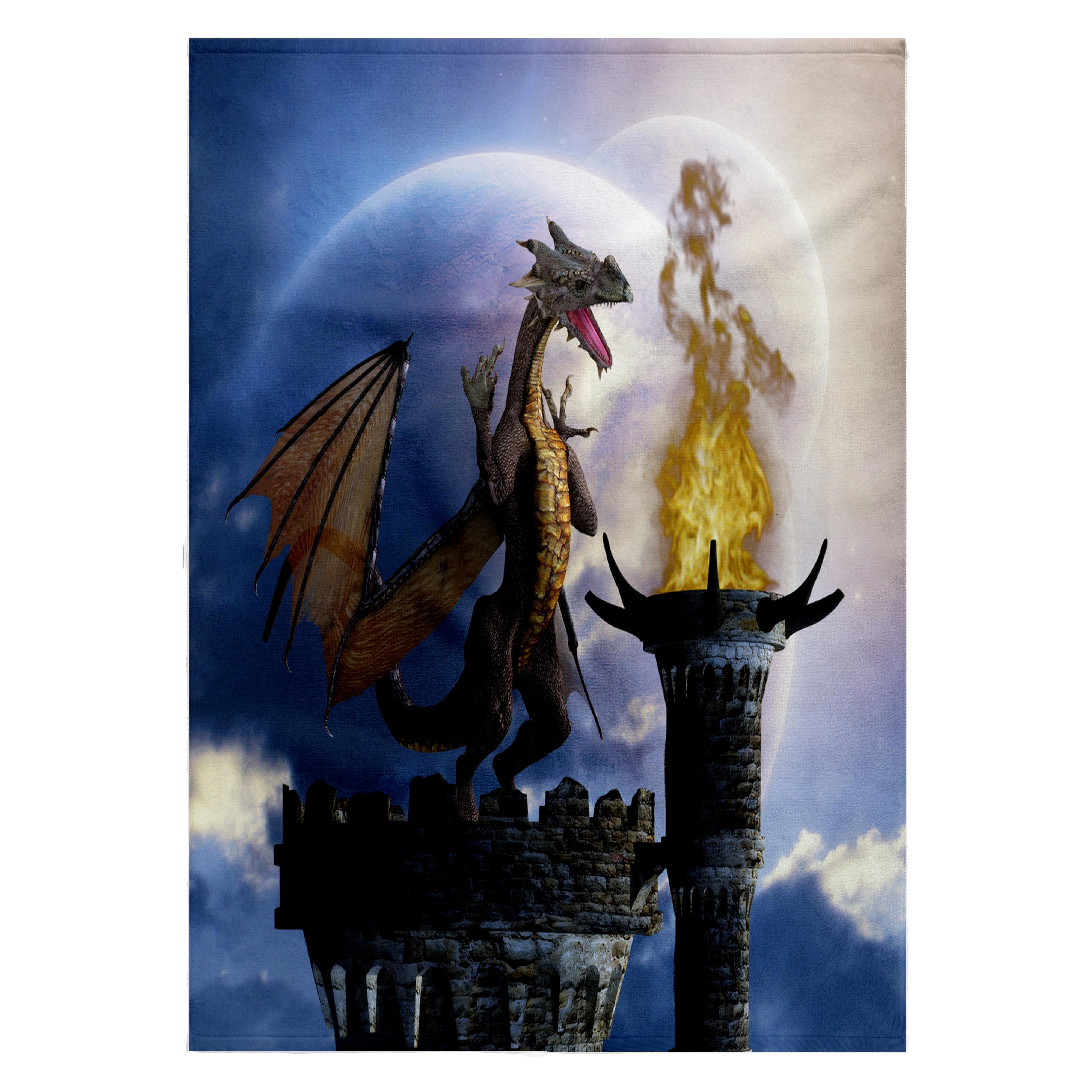 3dRose, A dragon guard a castle in the night a torch fire light up the ...