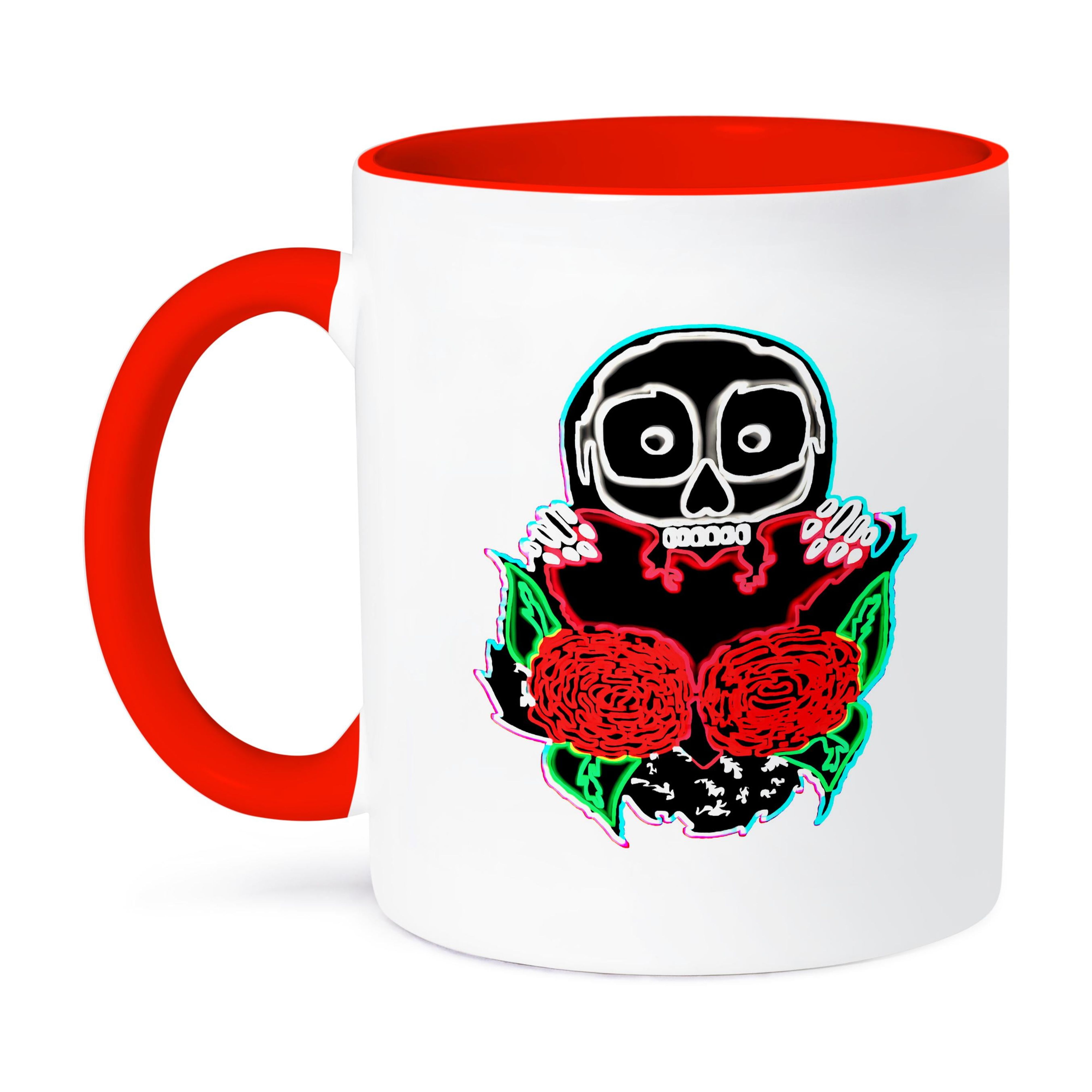 3dRose, A neon version of my skull biting a heart, 15oz Two-Tone Red ...