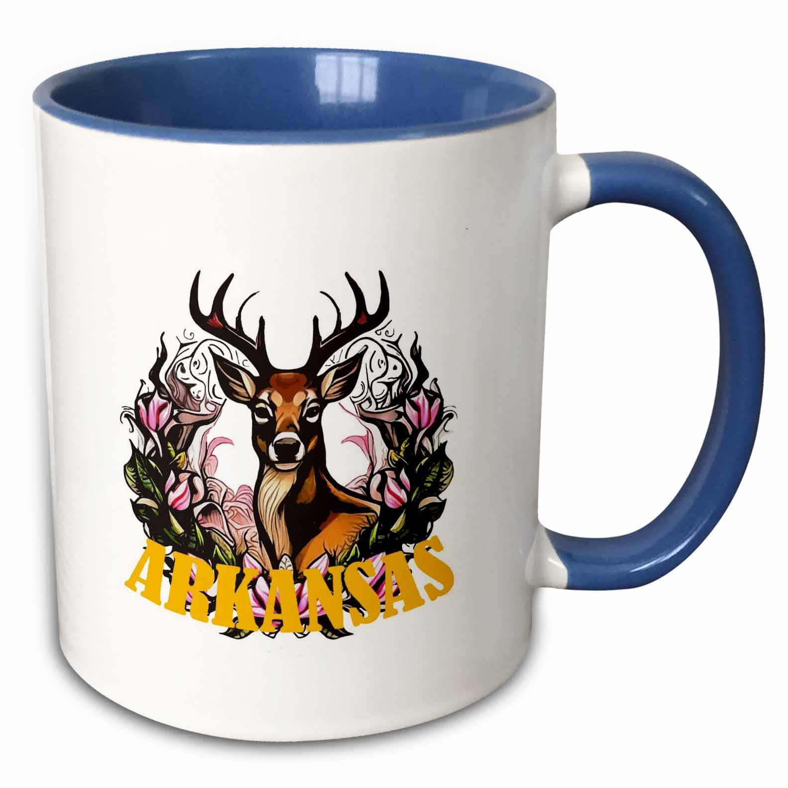 3drose, Arkansas Deer with Apple Blossom Bough, 15oz Two-tone Blue Mug ...