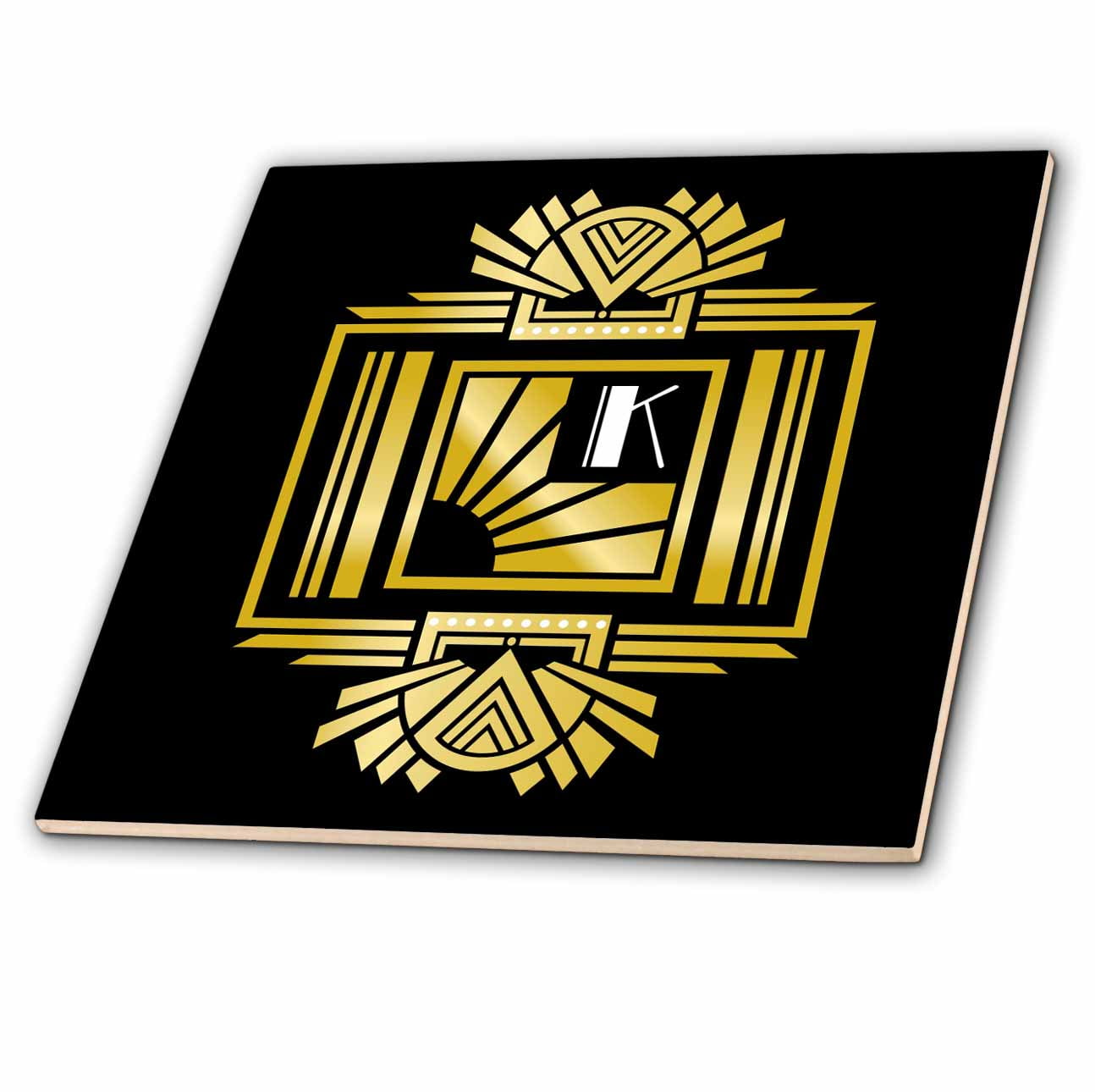 3dRose Art Deco Monogram Letter K- Gold Effect and White on Black ...