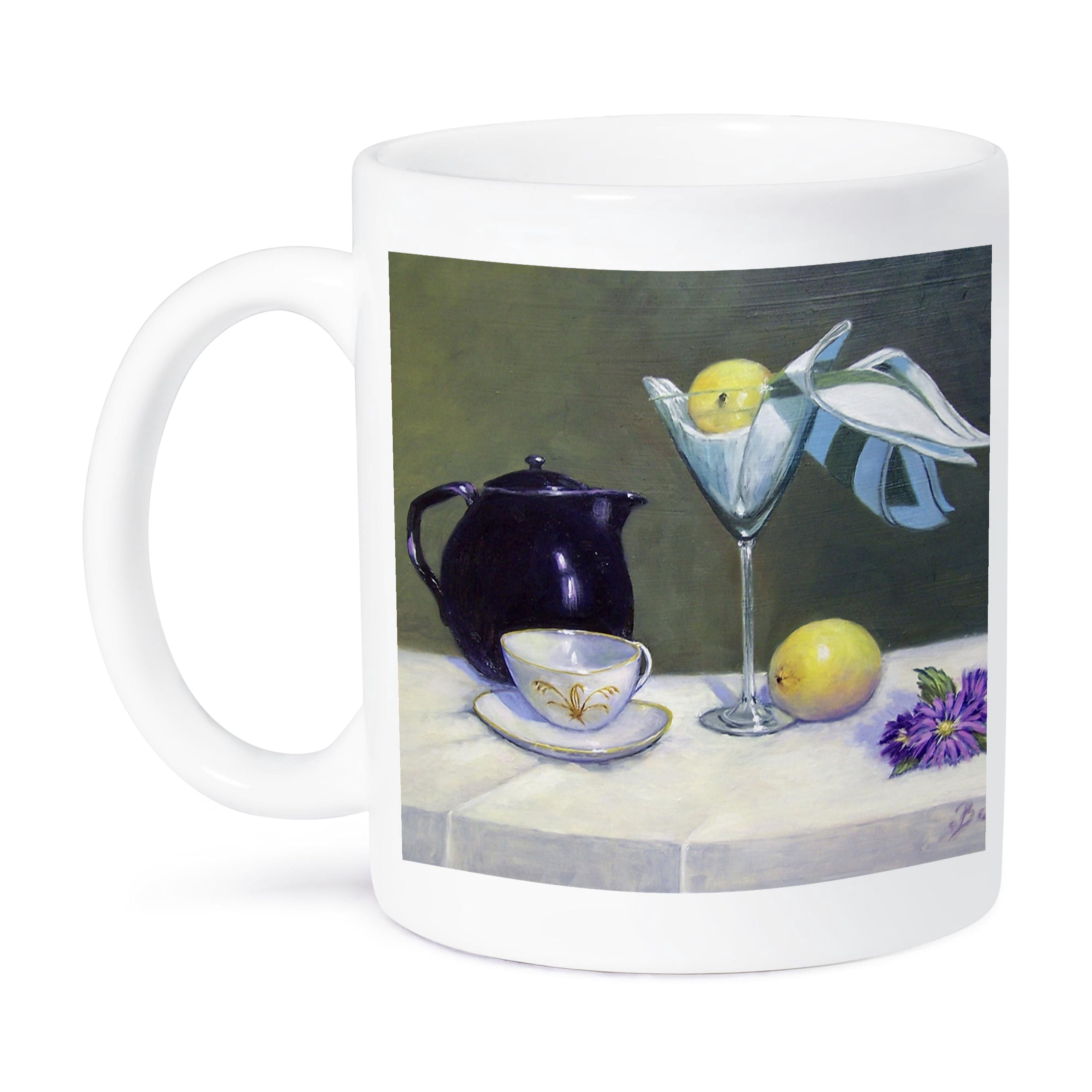3dRose, Beautiful indigo tea pot, champagne glass, bright lemon, with ...