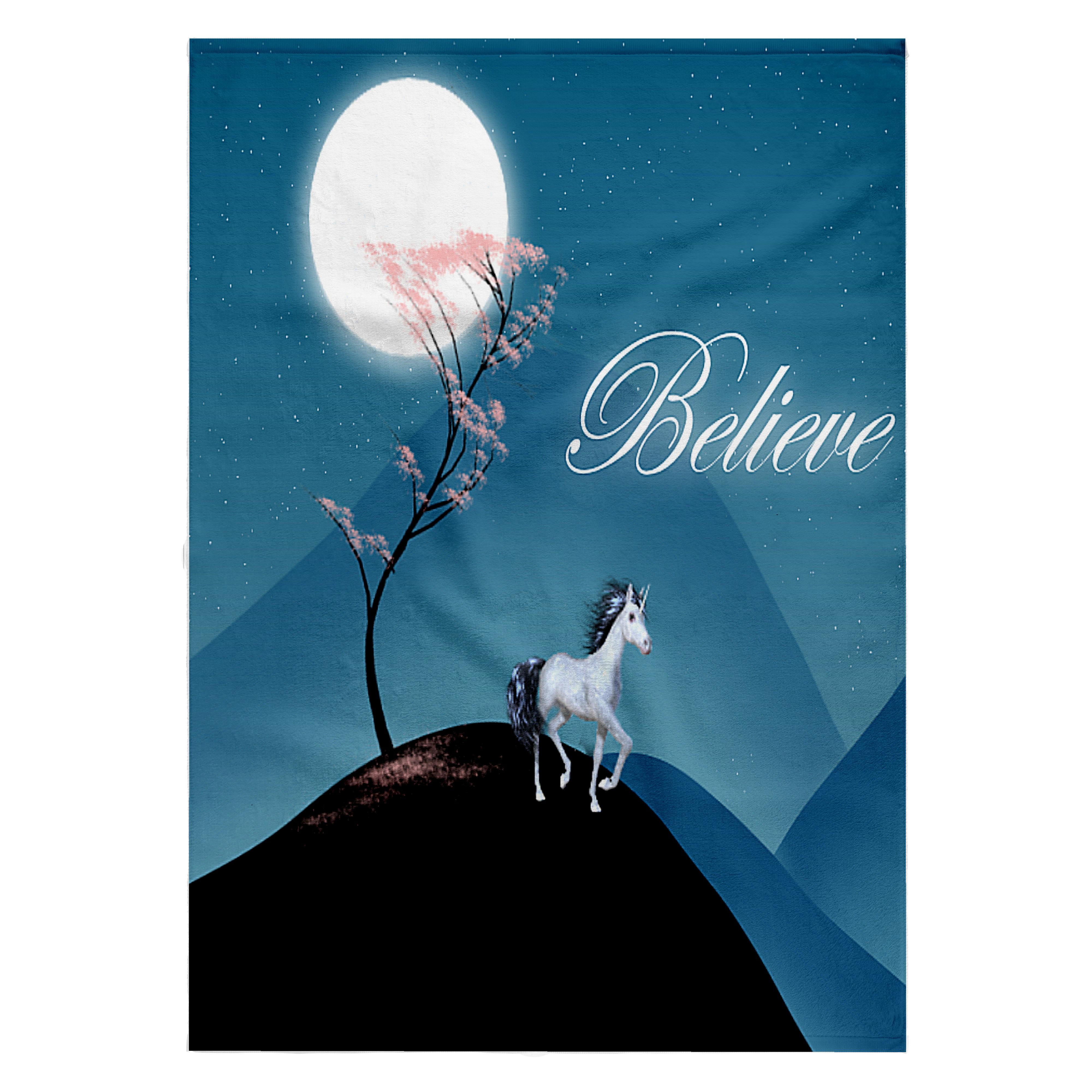 3dRose, Believe, Stylized Tree On Hill With Unicorn, Moon, And Pink ...