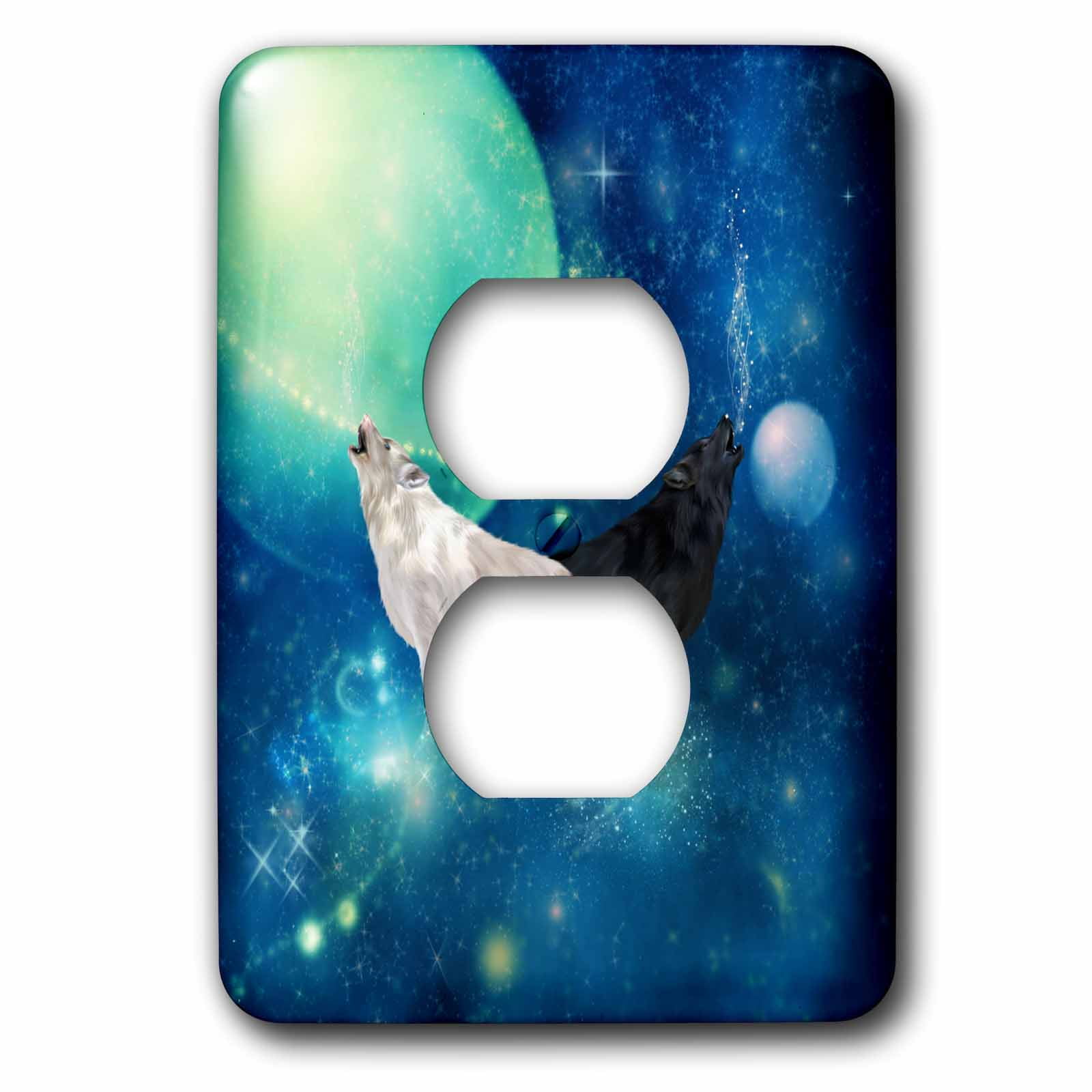 3dRose, Black and white wolf in the universe, 2 plug outlet cover ...