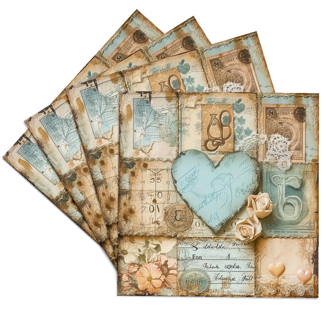 3drose, Blue and Sepia Junk Journal Background, Set of 4 Ceramic Tile ...