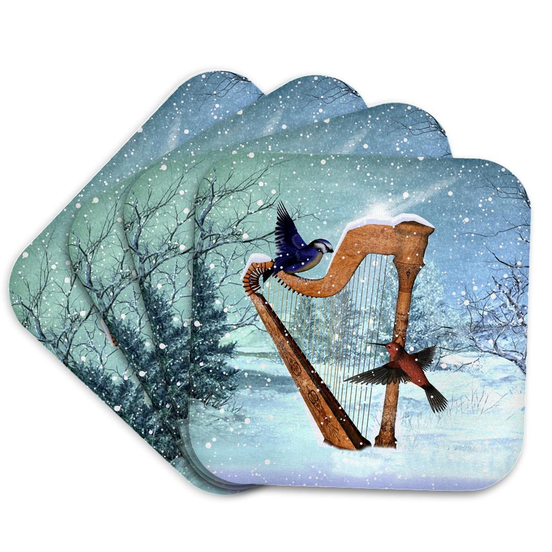 3dRose, Bluebird And Hummingbird With A Harp In The Snow, Set of 4 ...