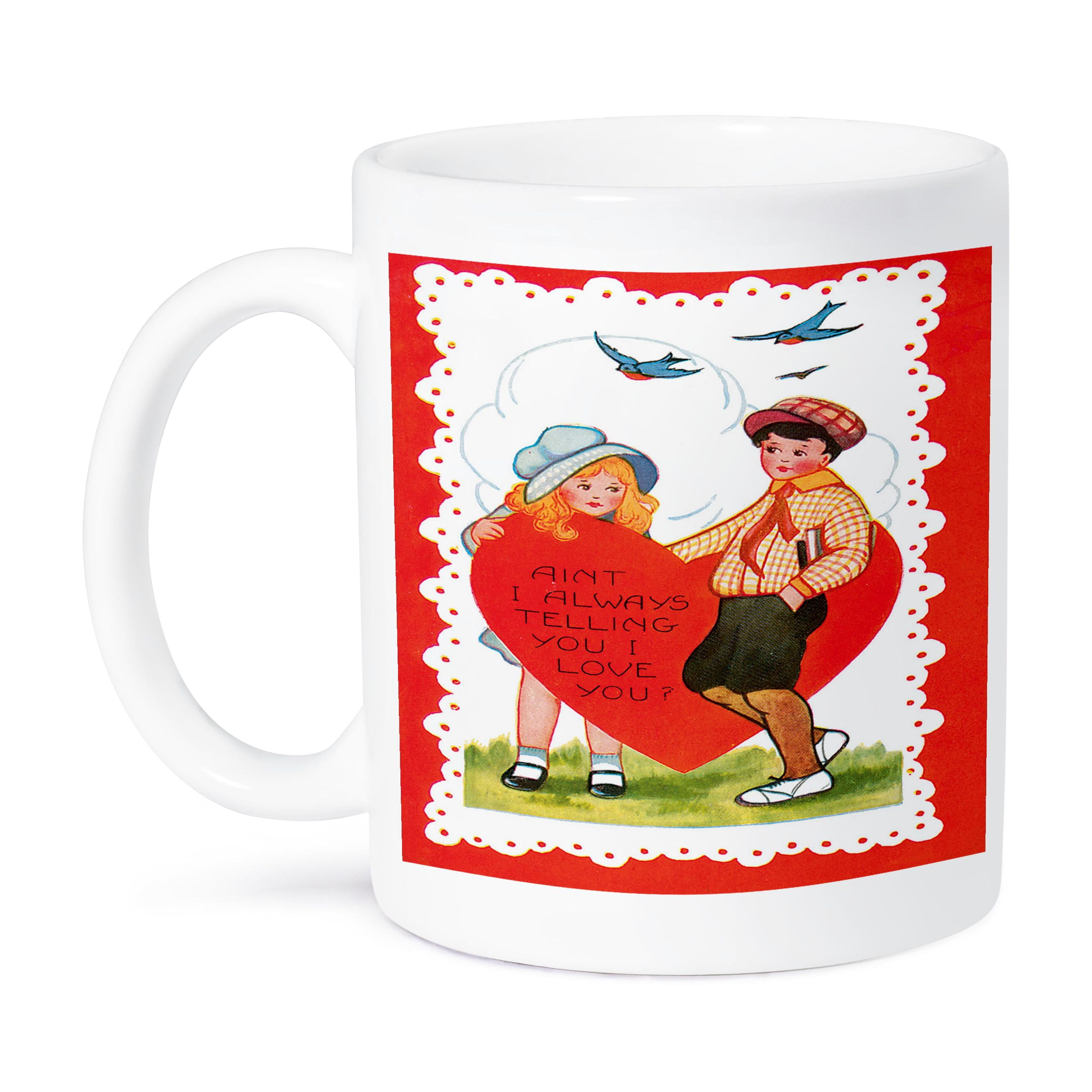 3dRose, Boy and Girl with Big Red Heart and Bluebirds on White Lacey ...