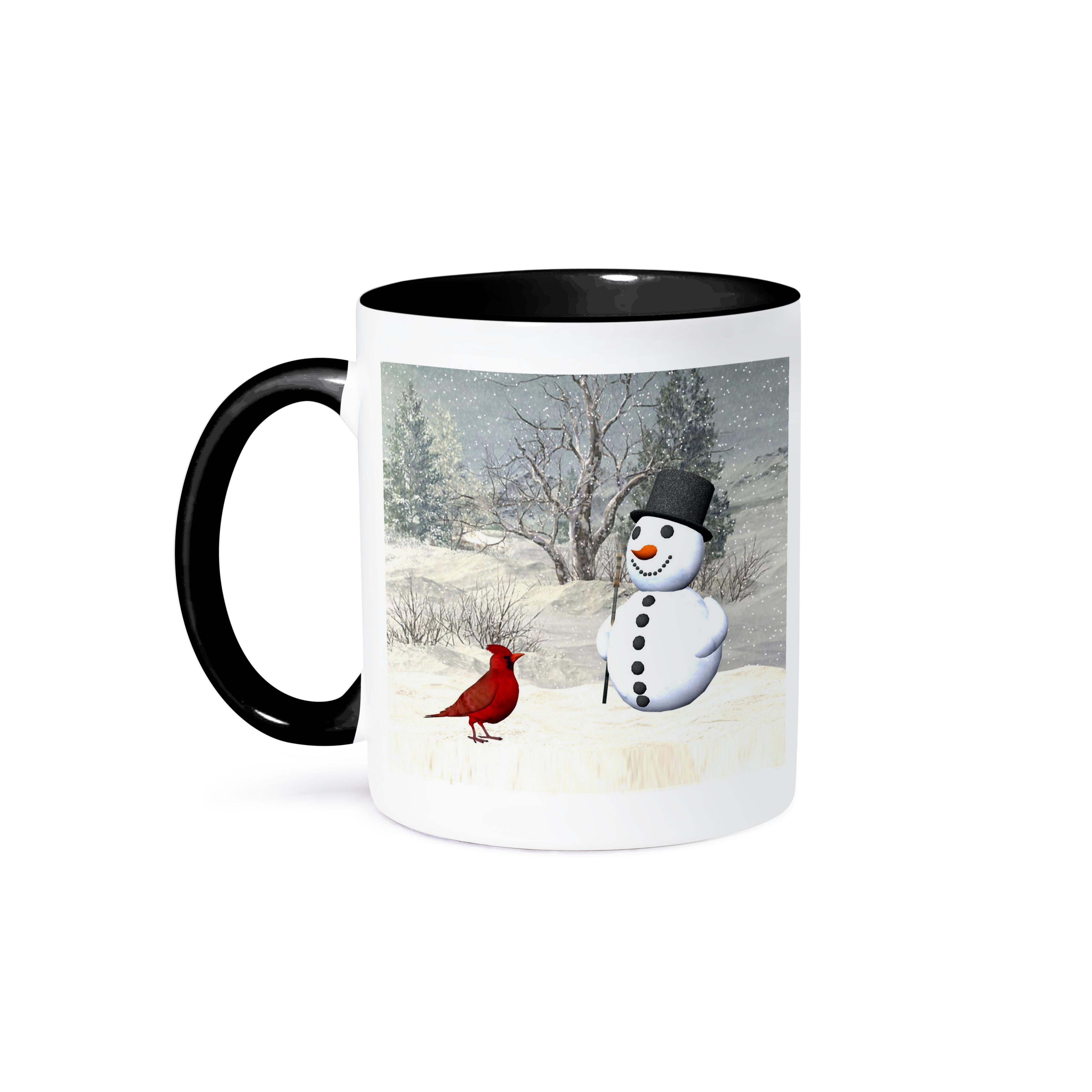 3dRose, Cardinal And Snowman In Winter, 11oz Two-Tone Black Mug ...