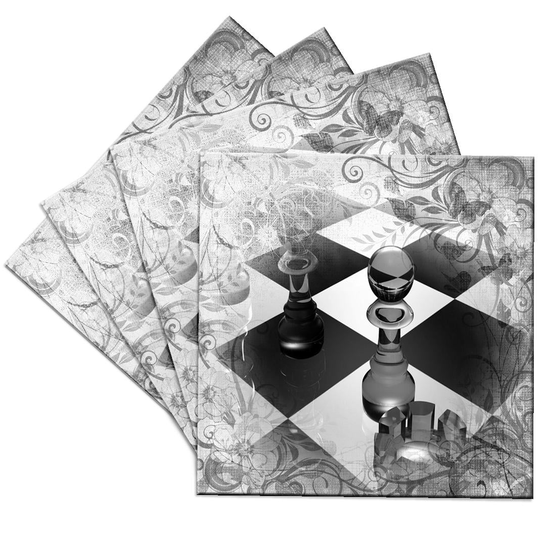 3dRose, Chess game art black and white with lacy frame look, Set of 4 ...