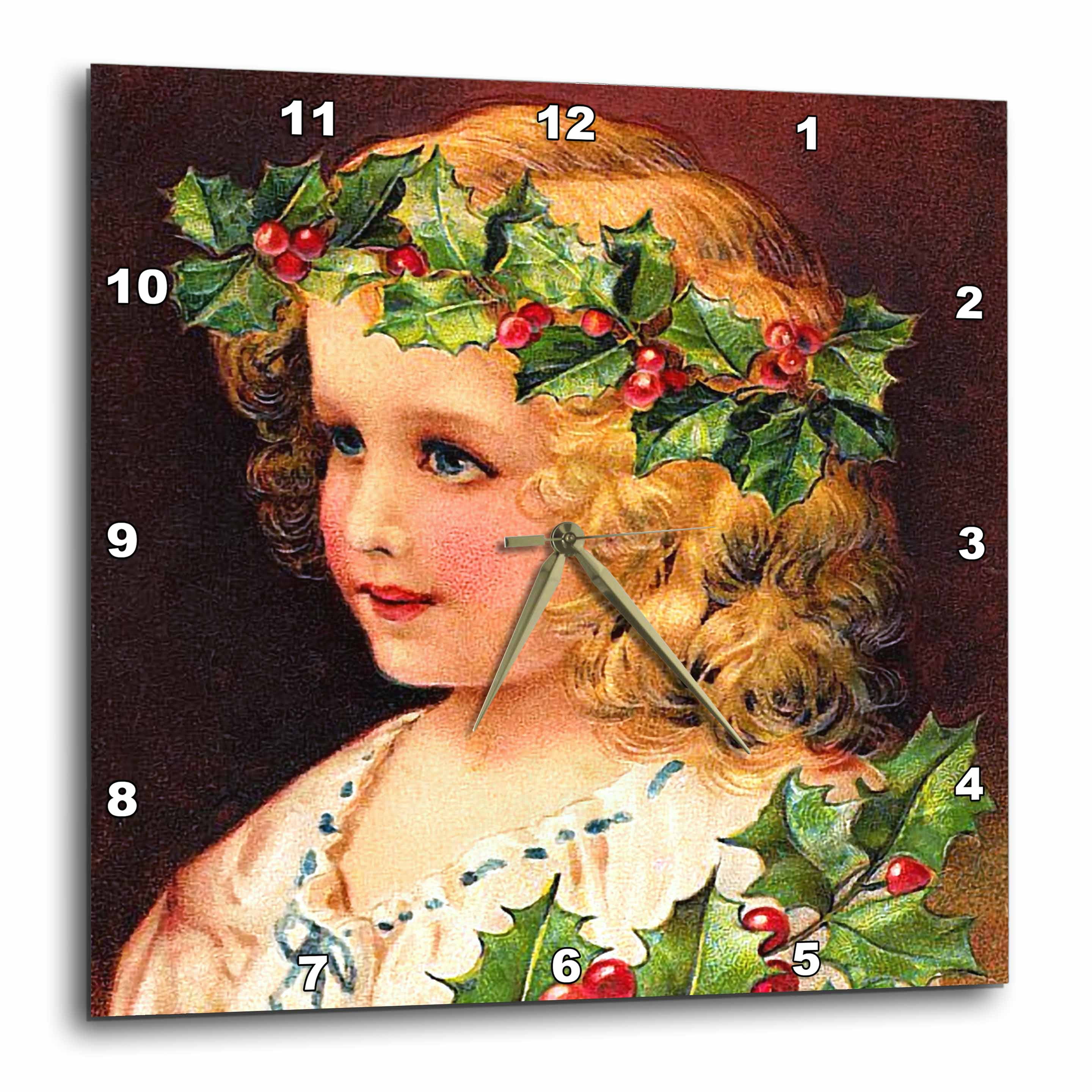 3dRose, Clapsaddle – Girl Wearing Holly Wreath, 13x13 Wall Clock ...