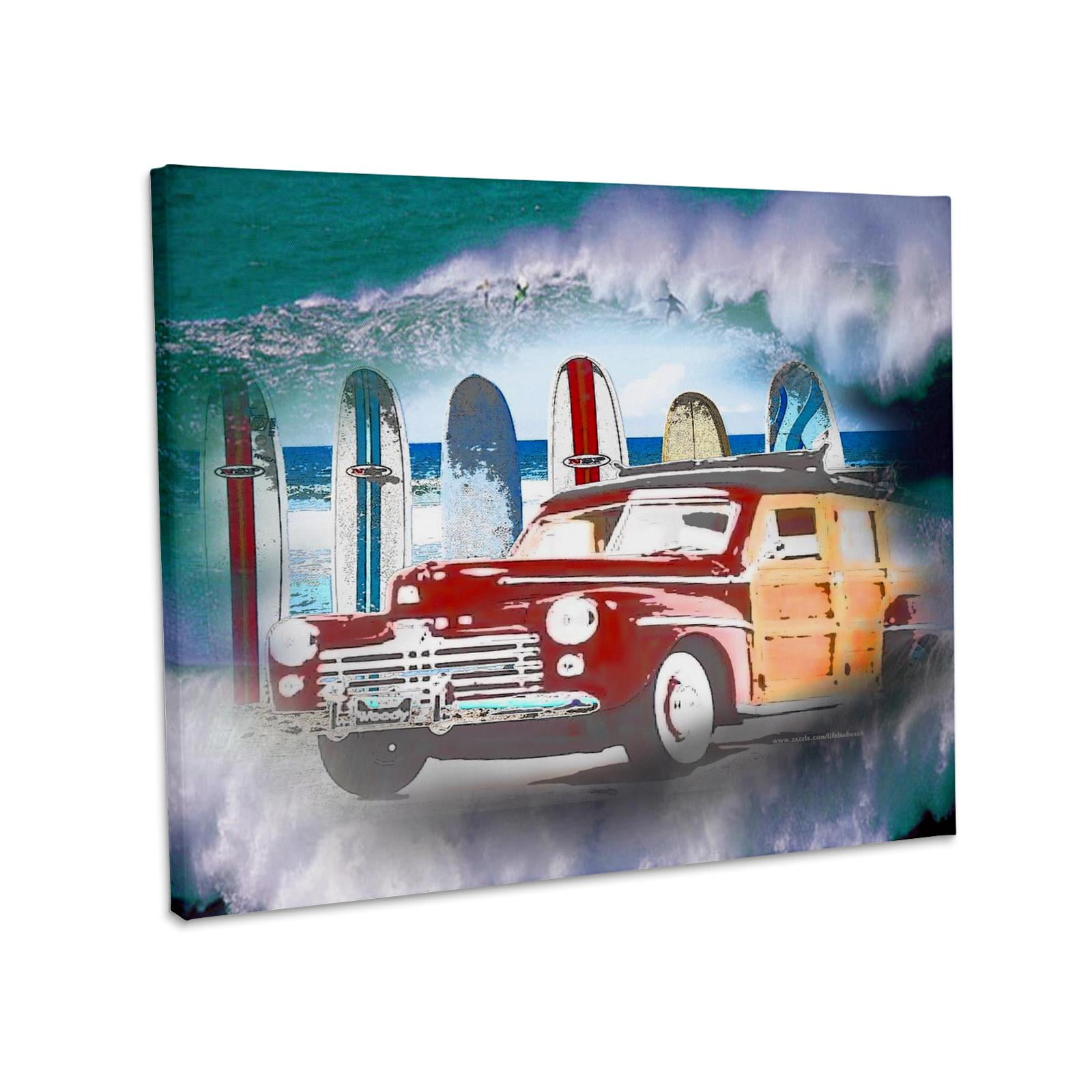 3dRose, Classic Woody Car and big wave background with surfer a great ...