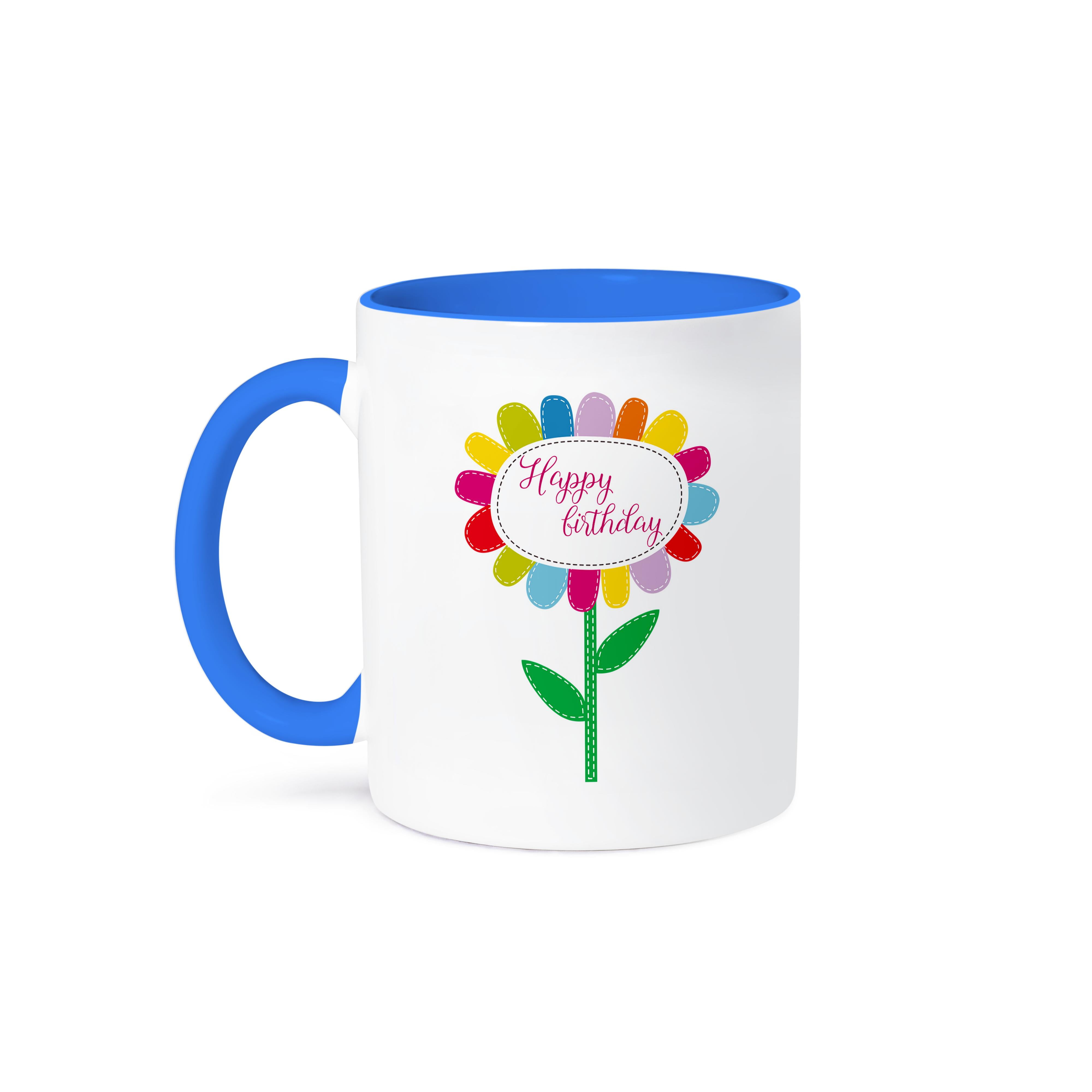 3dRose, Colorful decorative flower, green stem. Red Happy birthday text, 15oz Two-Tone Blue Mug ...