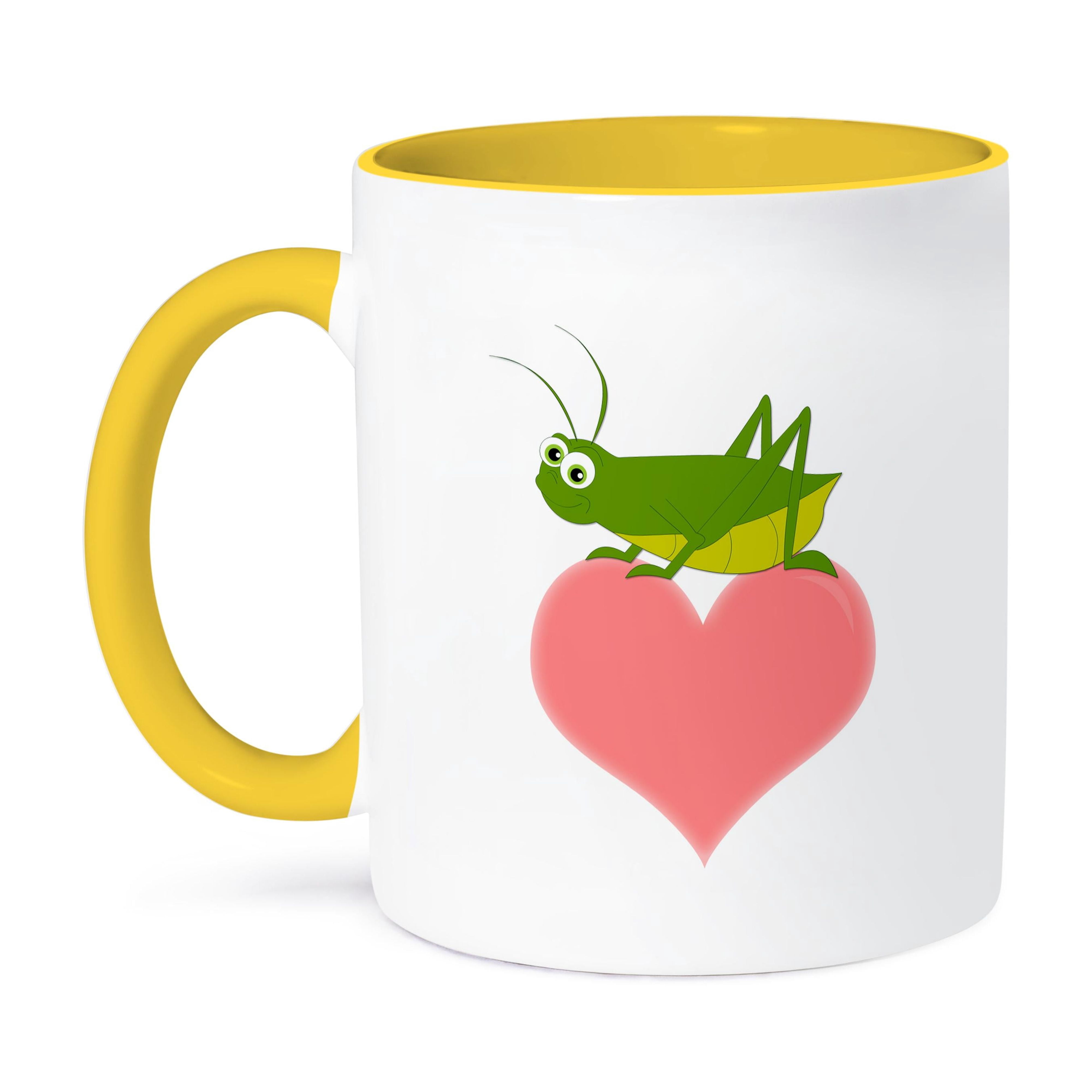 3dRose, Cute Cartoon Lucky Cricket on Pink Heart, 11oz Two-Tone Yellow ...