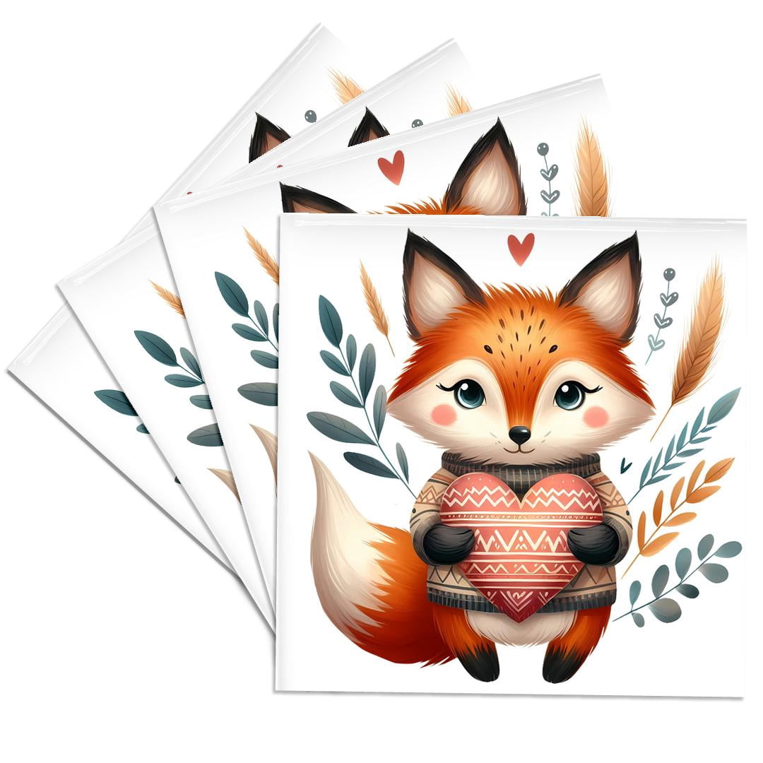 3drose, Cute Fox with a Folk Art Heart Illustration, Set of 4 Ceramic ...