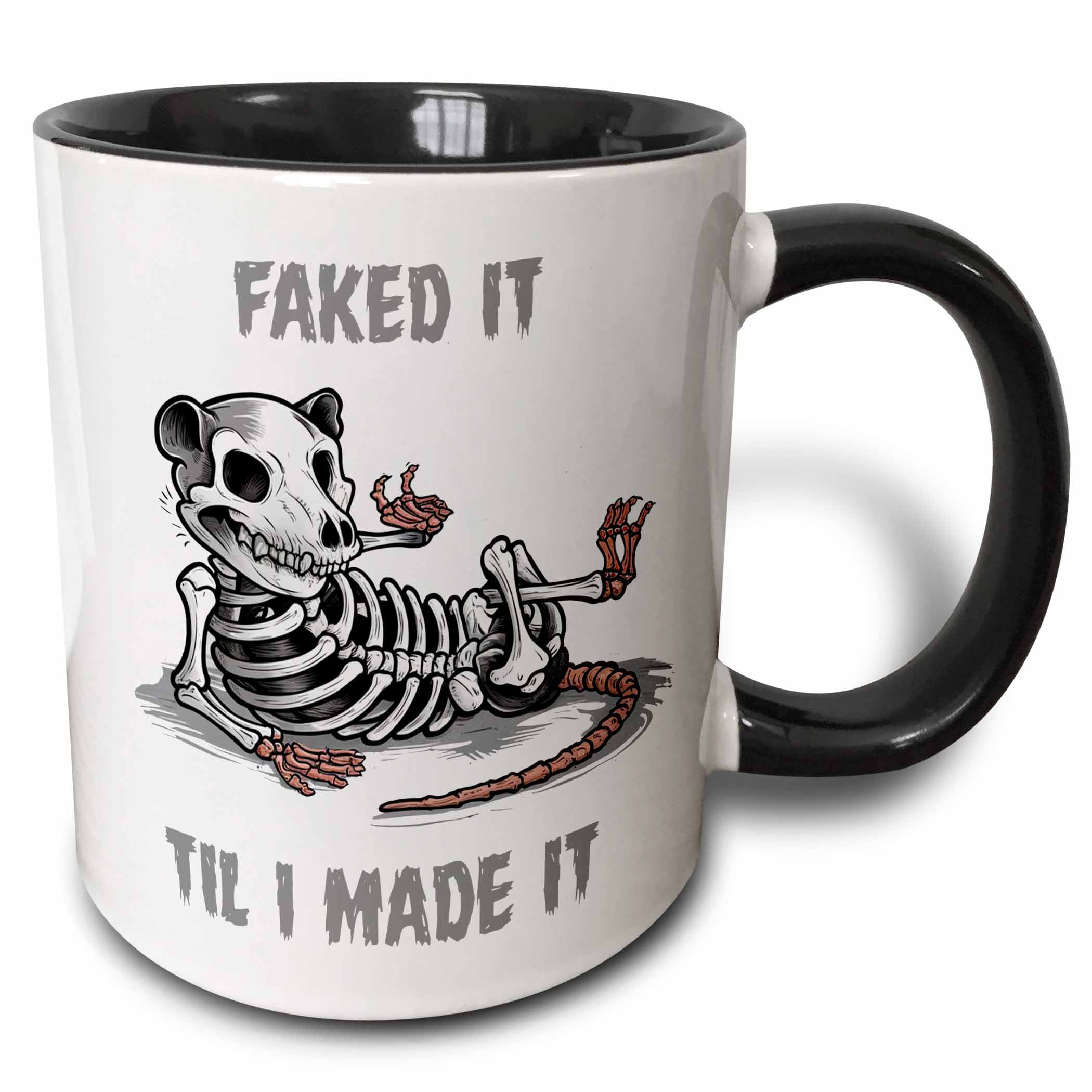 3drose, Cute Funny Possum Skeleton Satire Faked It Til I Made It, 15oz Two-tone Black Mug ...