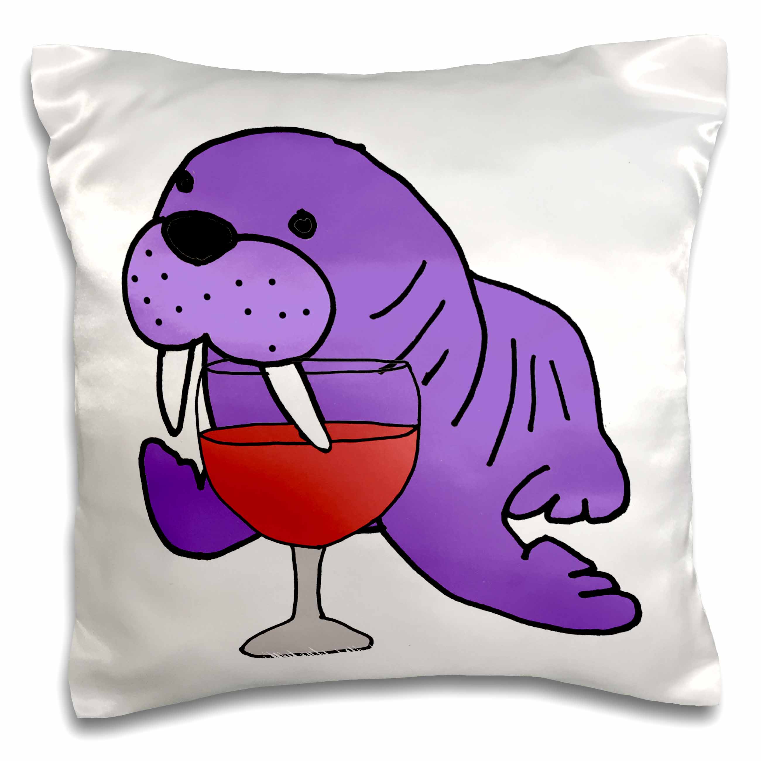 3dRose, Cute Funny Purple Walrus Drinking Wine Cartoon, 16x16 inch ...