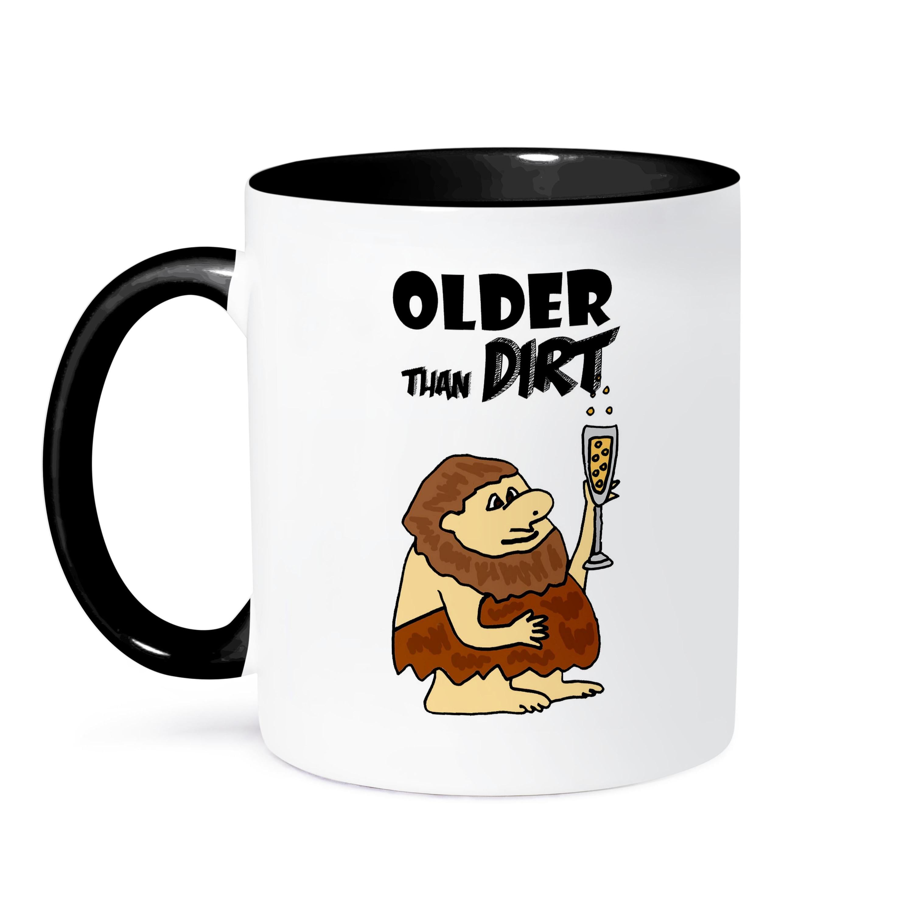 3dRose, Cute Funny Unique Caveman Older than Dirt Birthday Cartoon, 15oz Two-Tone Black Mug ...