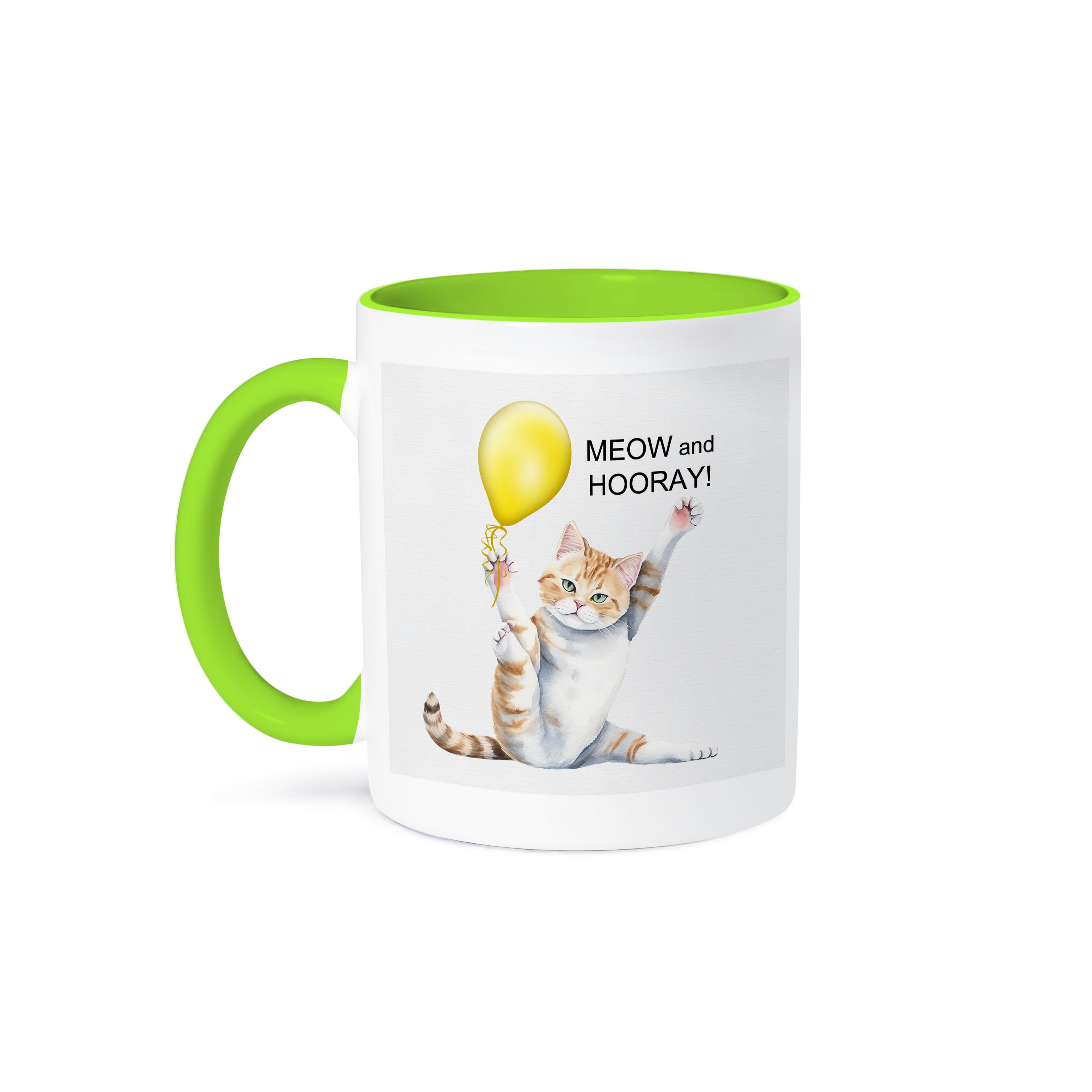 Cute Meow And Hooray Kitty Cat In A Yoga Position With Yellow Balloon, 15oz Two-Tone Green Mug ...