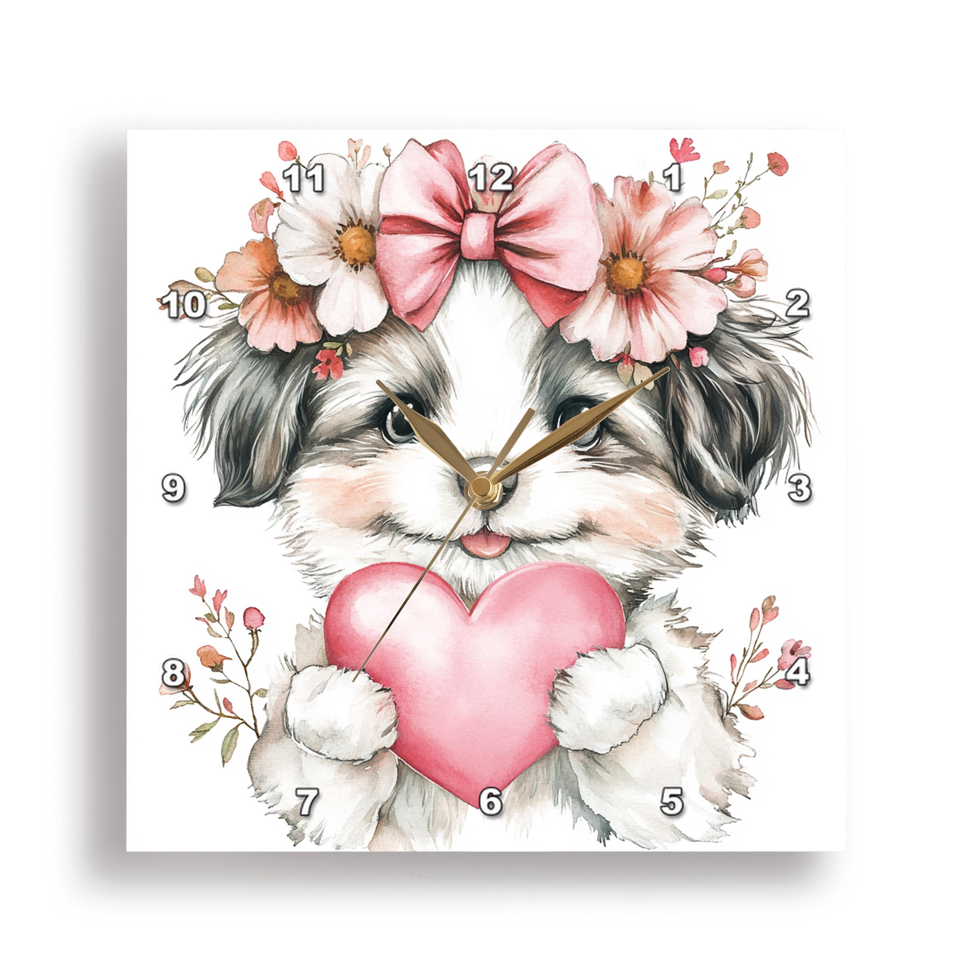 3dRose, Cute White Valentine Dog Illustration, 15x15 Wall Clock ...