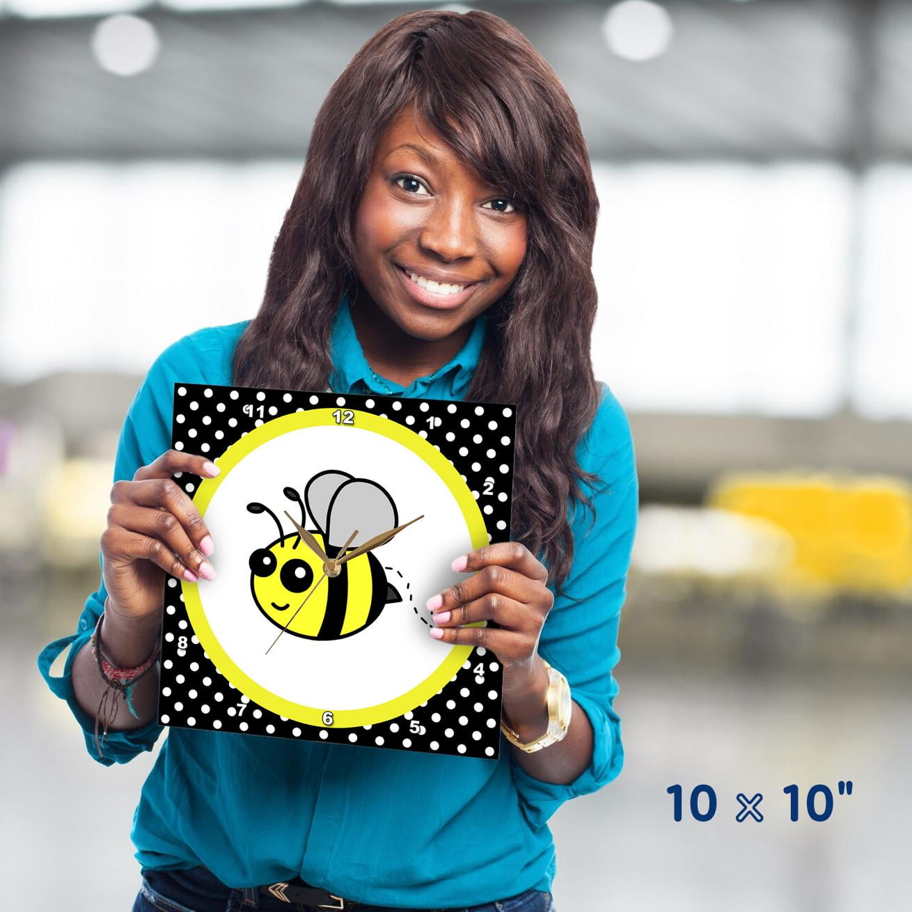 3dRose, Cute Yellow Bumble Bee on Black and White Polka Dots , 10x10 ...